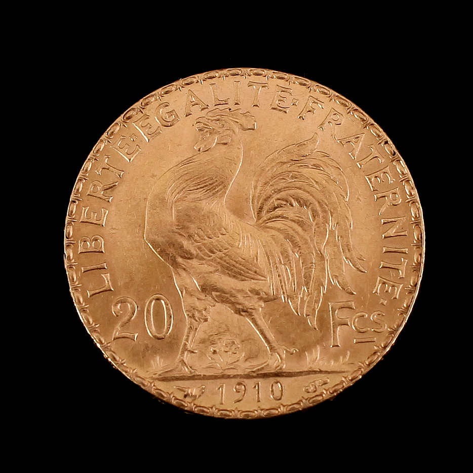 GULDMYNT, 20 franc, Frankrike, 1910. Vikt ca 7 gram. - Bukowskis