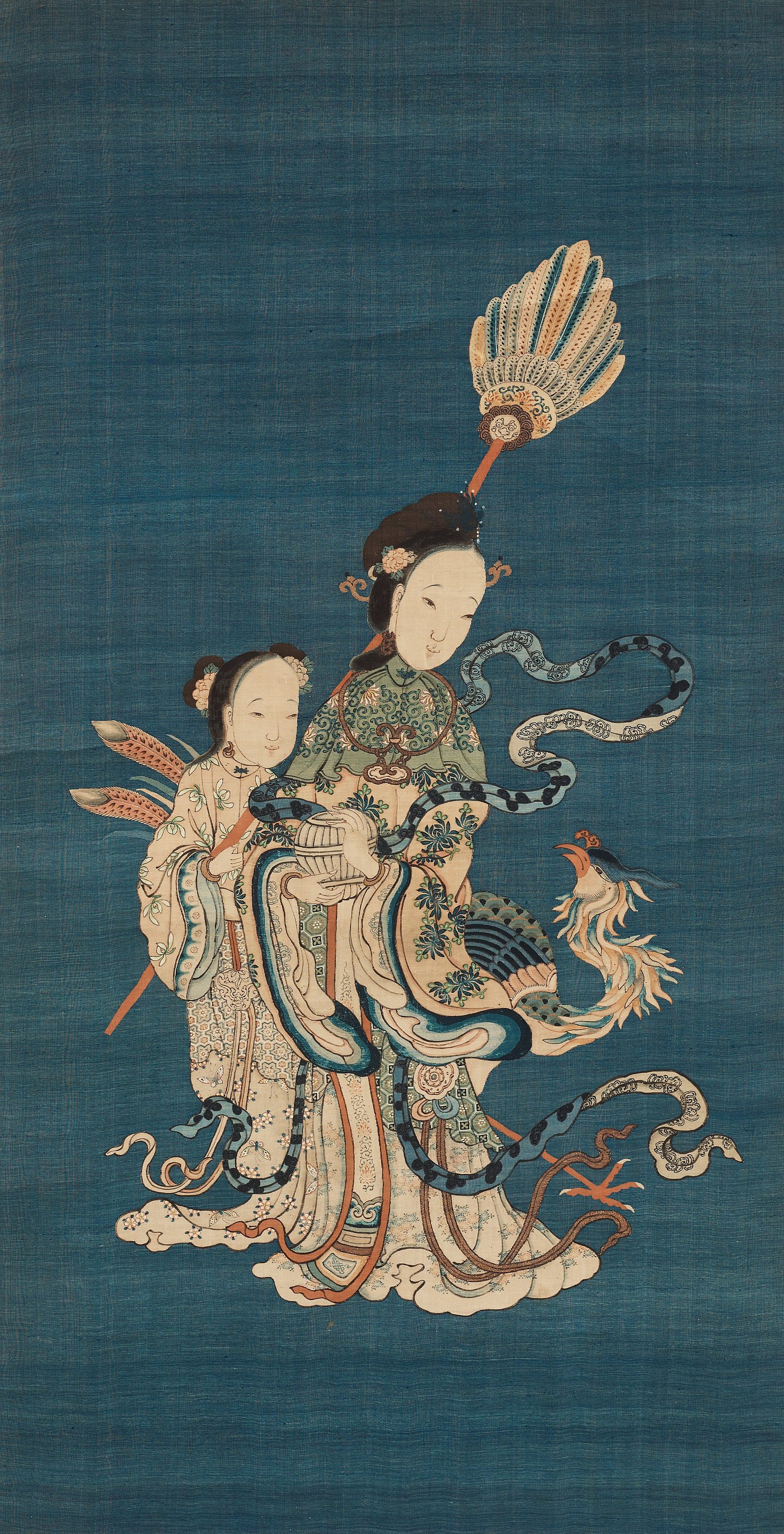 A blue ground kesi hanging scroll, depicting Xi Wangmu with a Jade girl ...