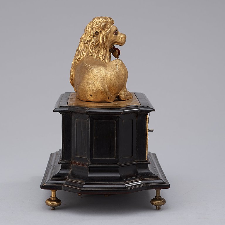 A rare gilt brass on ebonised base Lion Automaton figure clock ...