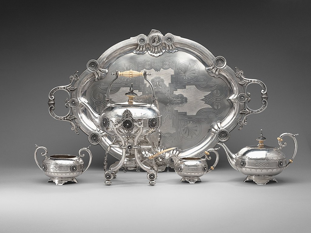 An Austrian late 19th century five piece silver and enamel tea-set ...