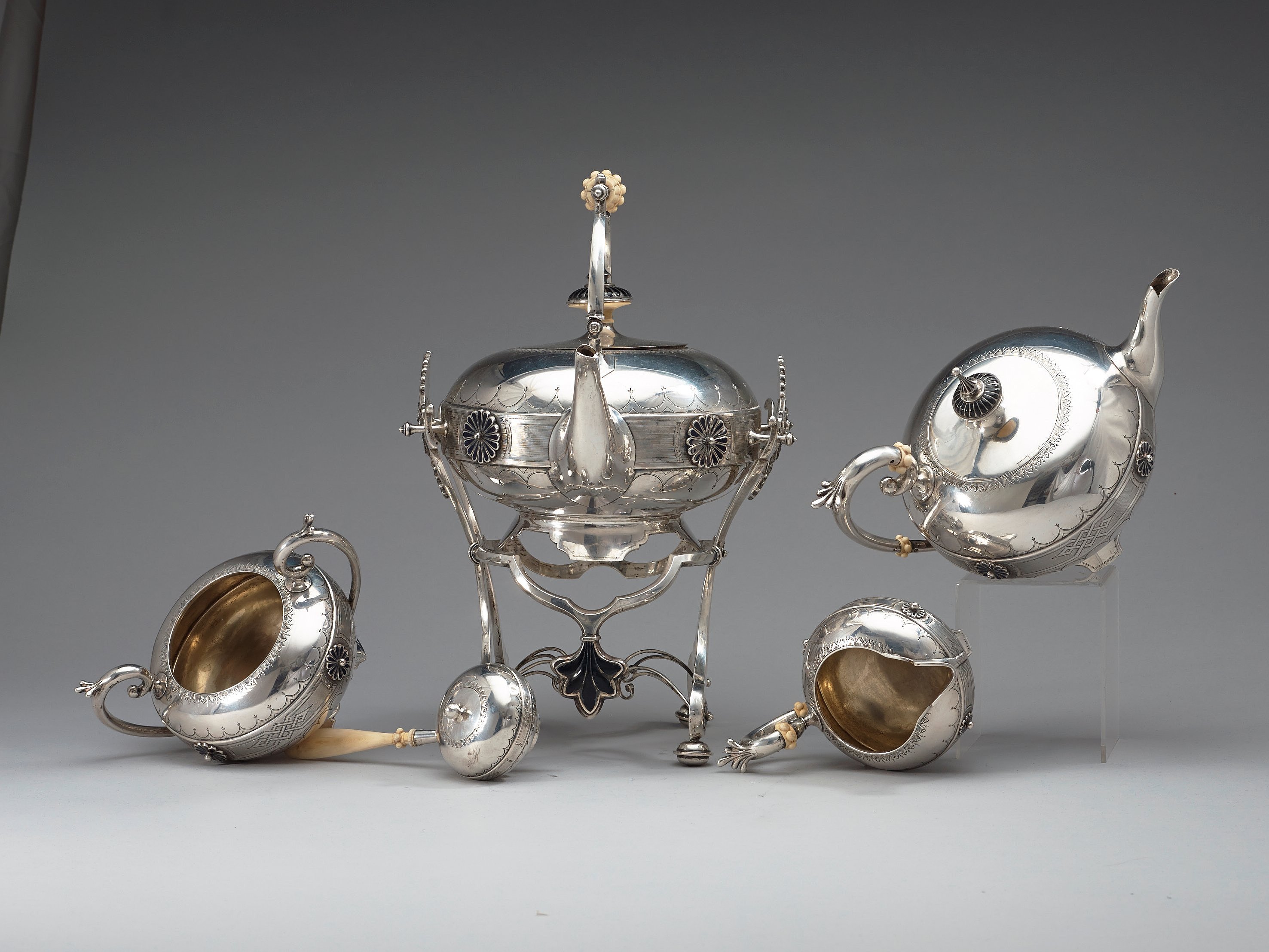 An Austrian late 19th century five piece silver and enamel tea-set ...