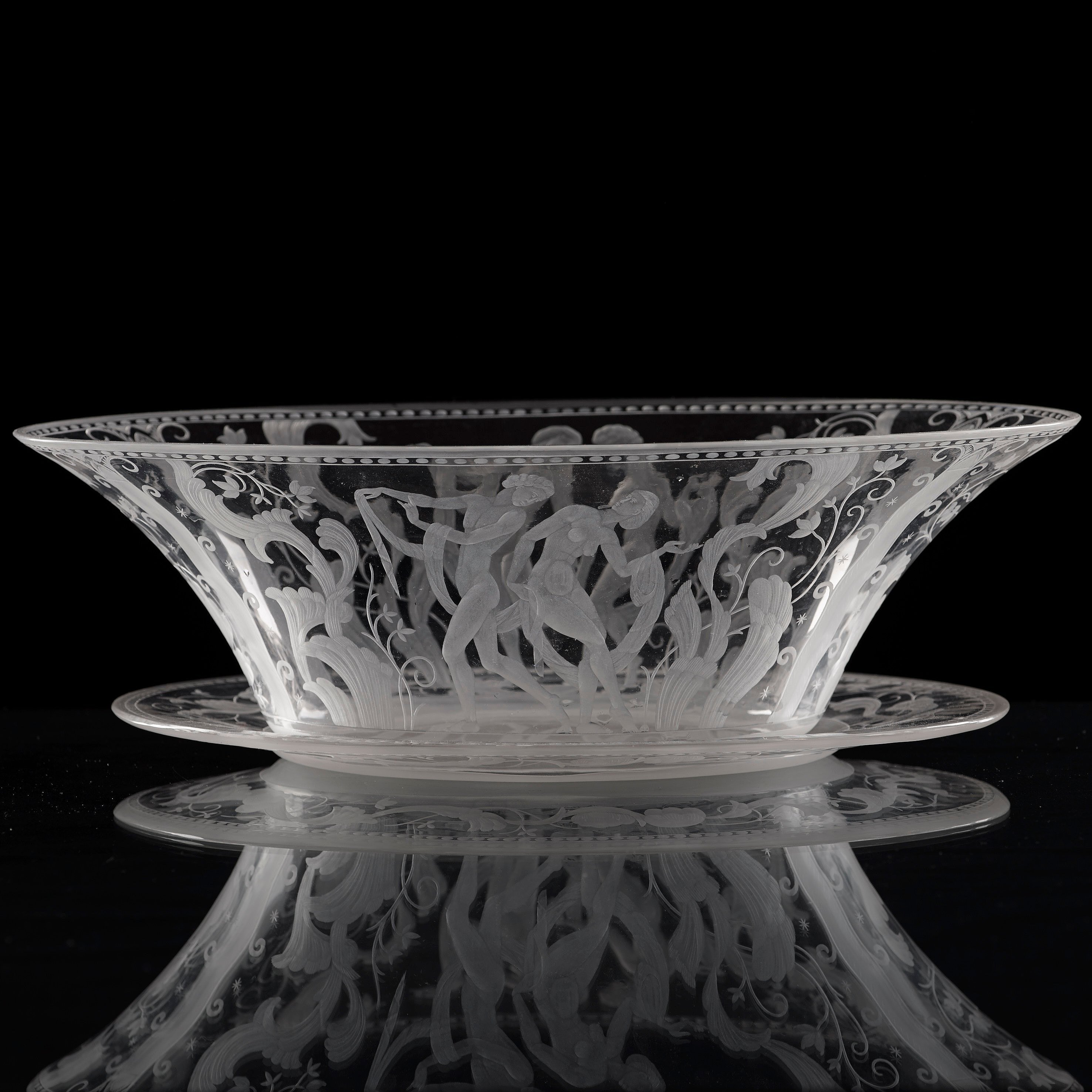 A Simon Gate Swedish Grace engraved glass bowl with dish, Orrefors 1923 ...