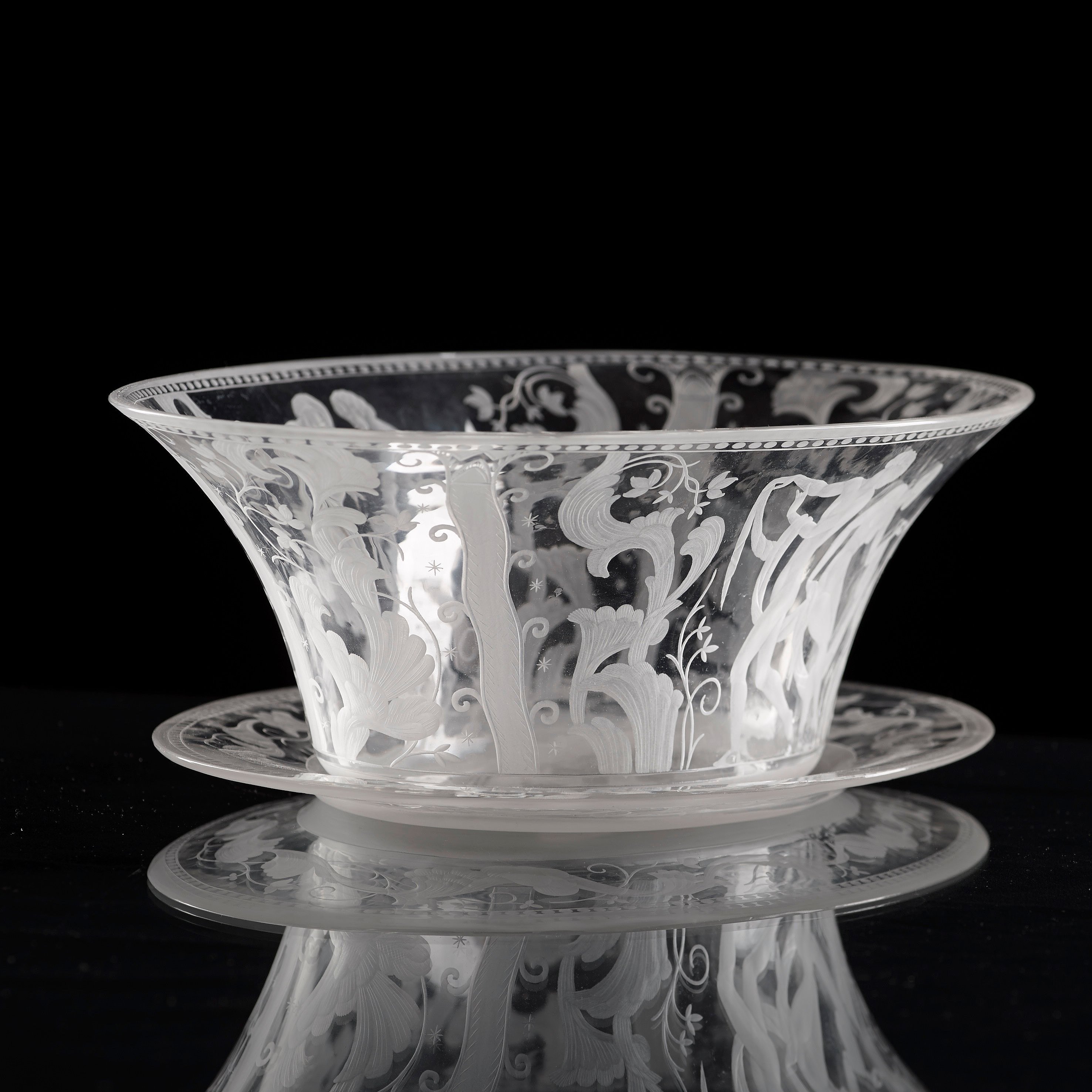 A Simon Gate Swedish Grace engraved glass bowl with dish, Orrefors 1923 ...