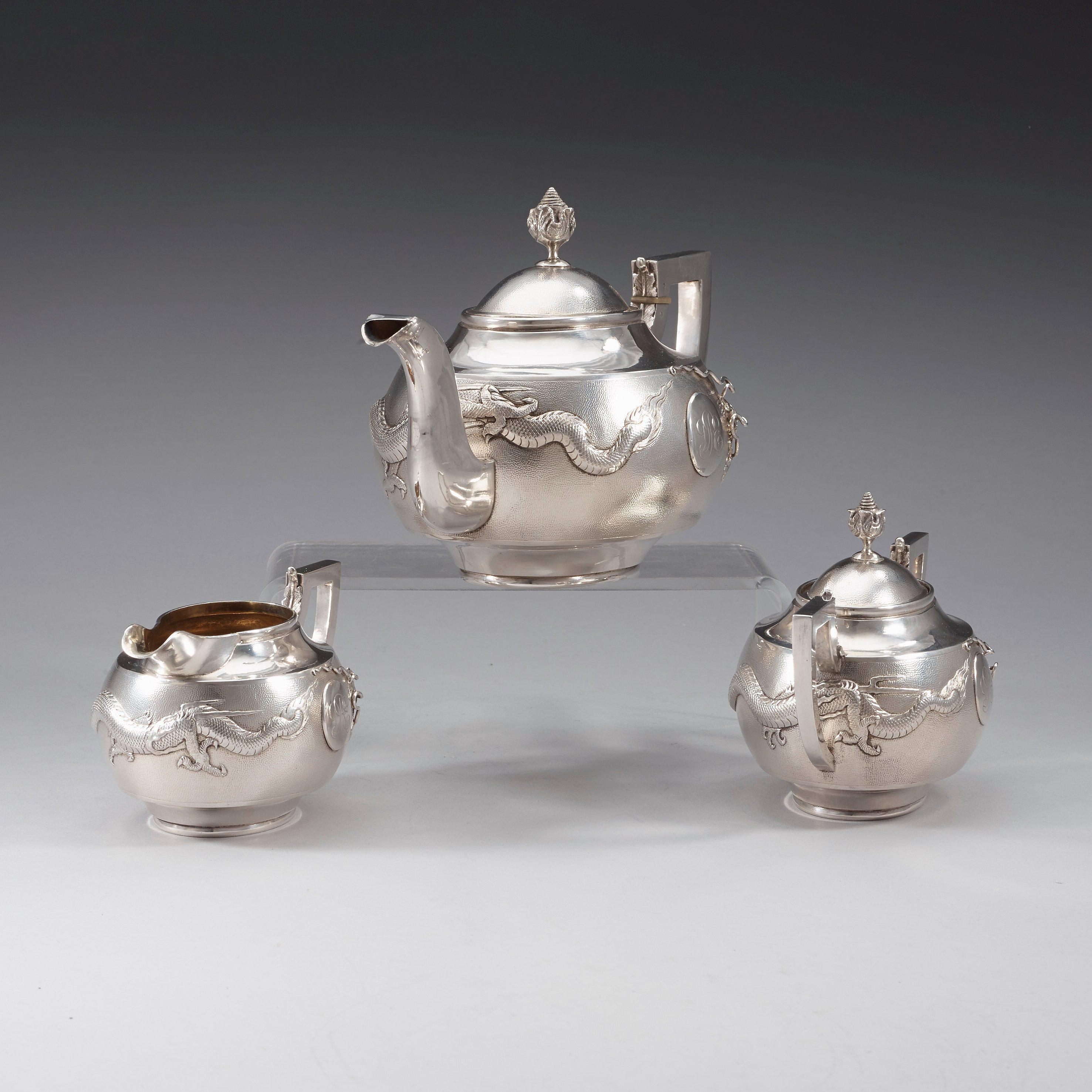 A Chinese three-piece silver tea set, unidentified master, early 20th ...