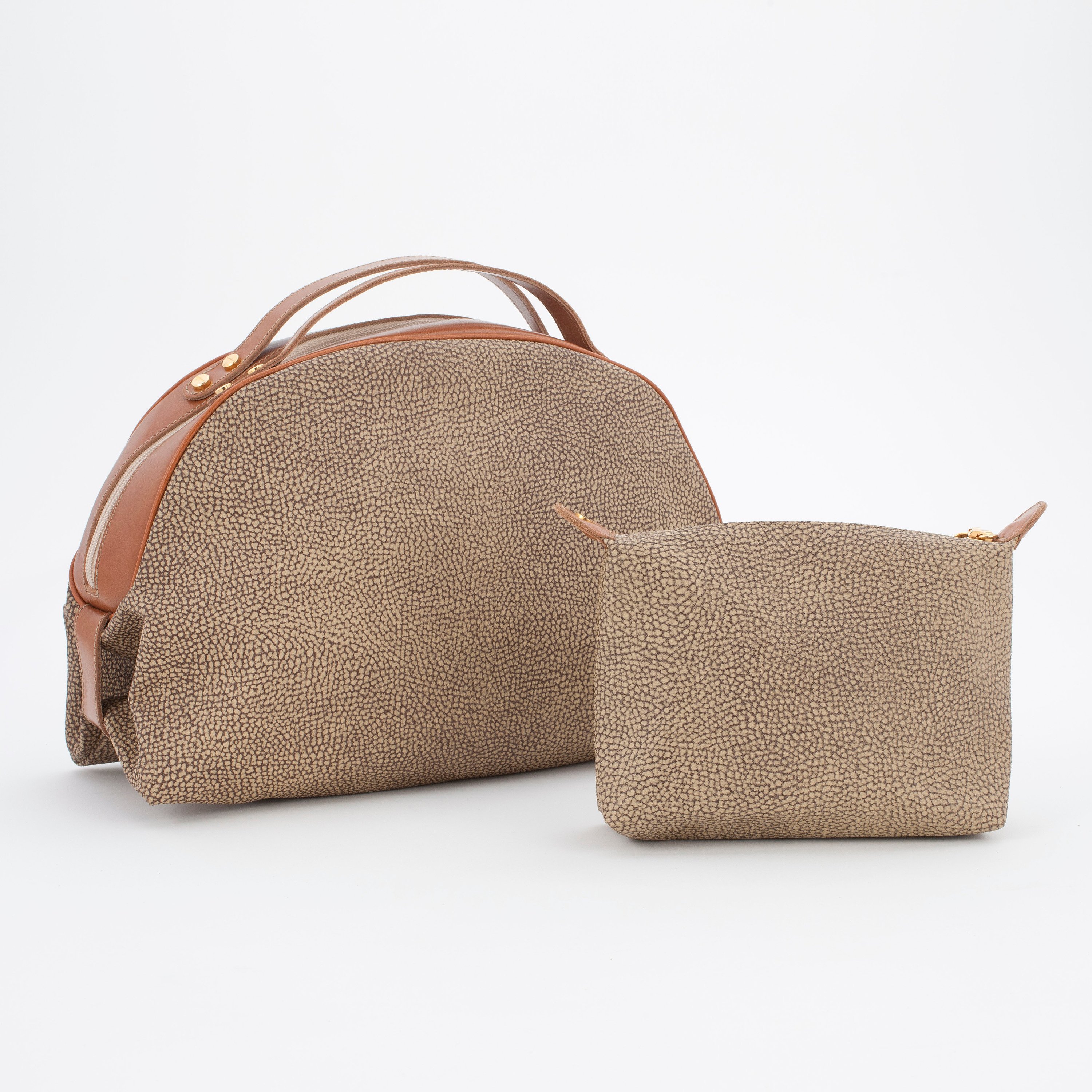 BORBONESE, a brown fabric and leather handbag and toliettrybag from the ...