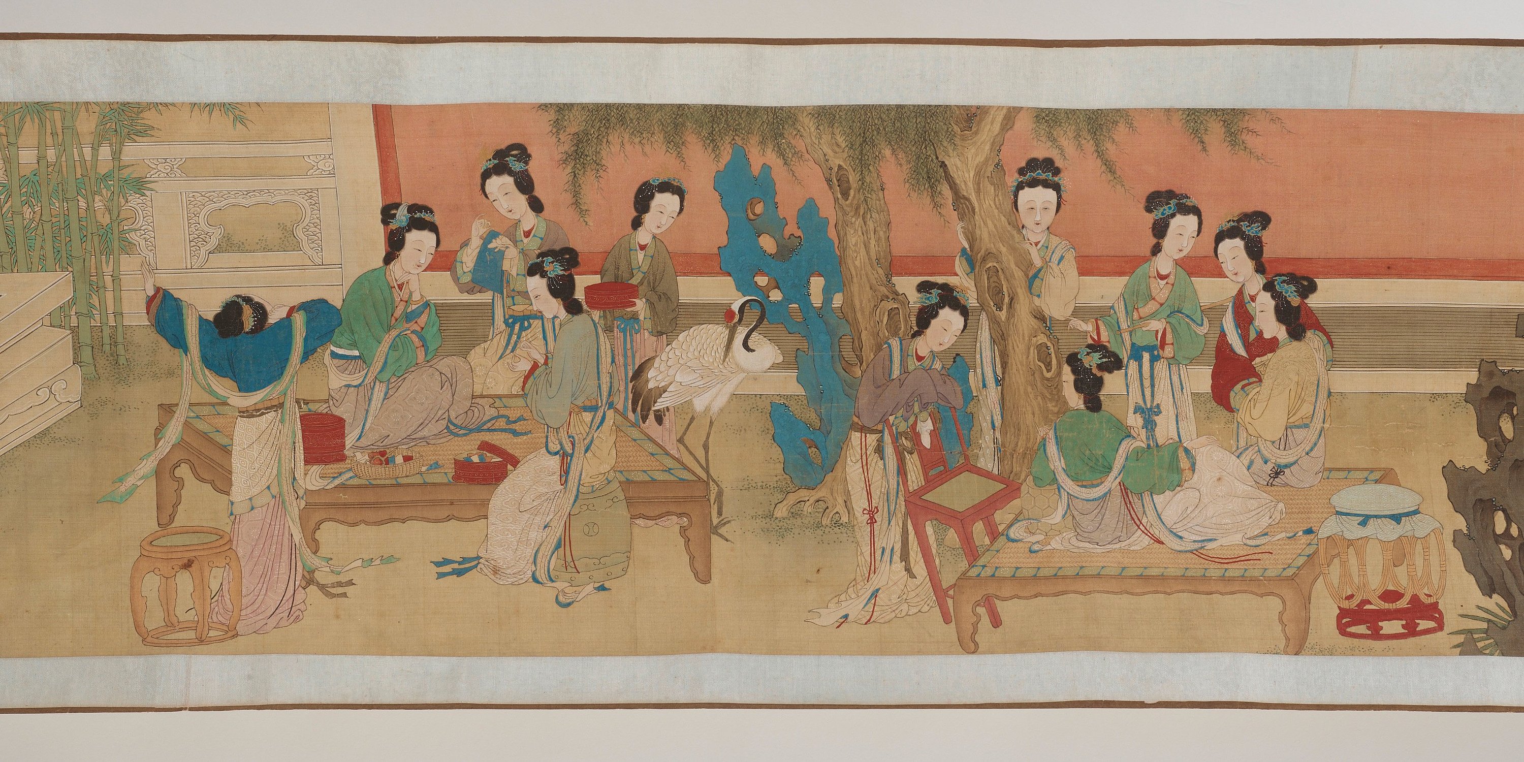 A fine painting of 100 ladies and attendants in a palace garden, and ...