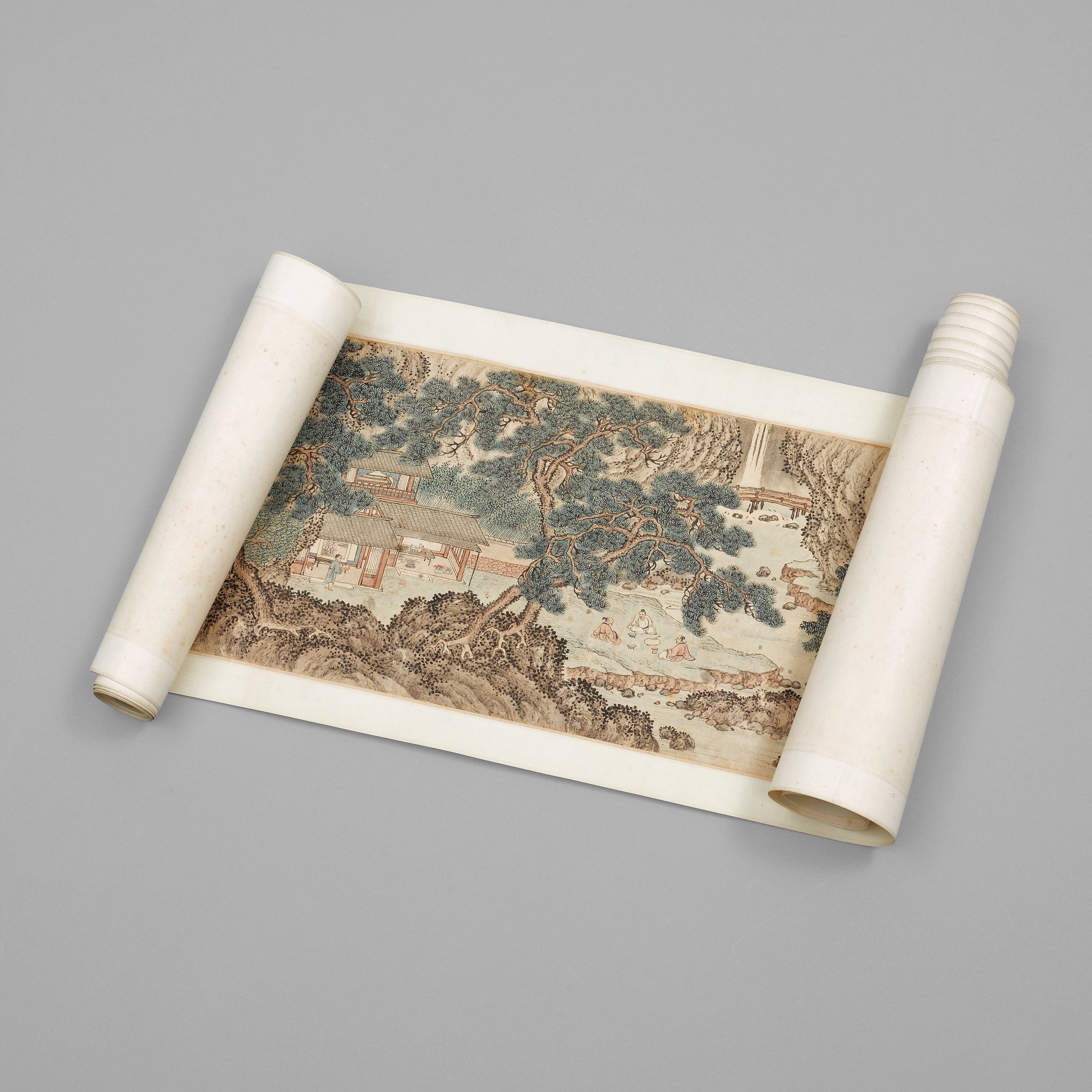 A handscroll of figures in a landscape, and with calligraphy, Qing ...