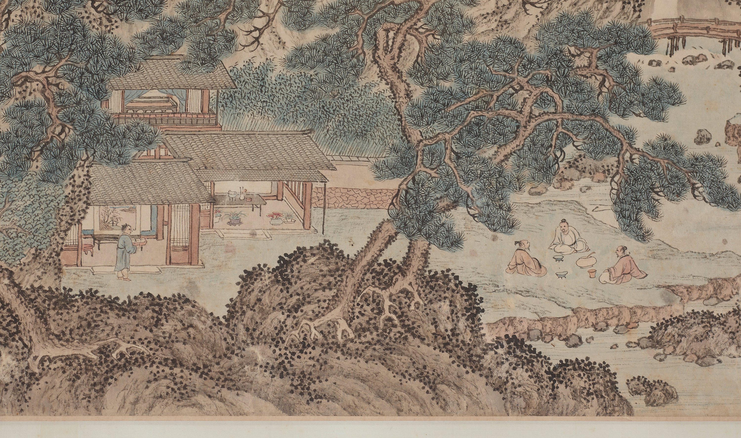 A handscroll of figures in a landscape, and with calligraphy, Qing ...