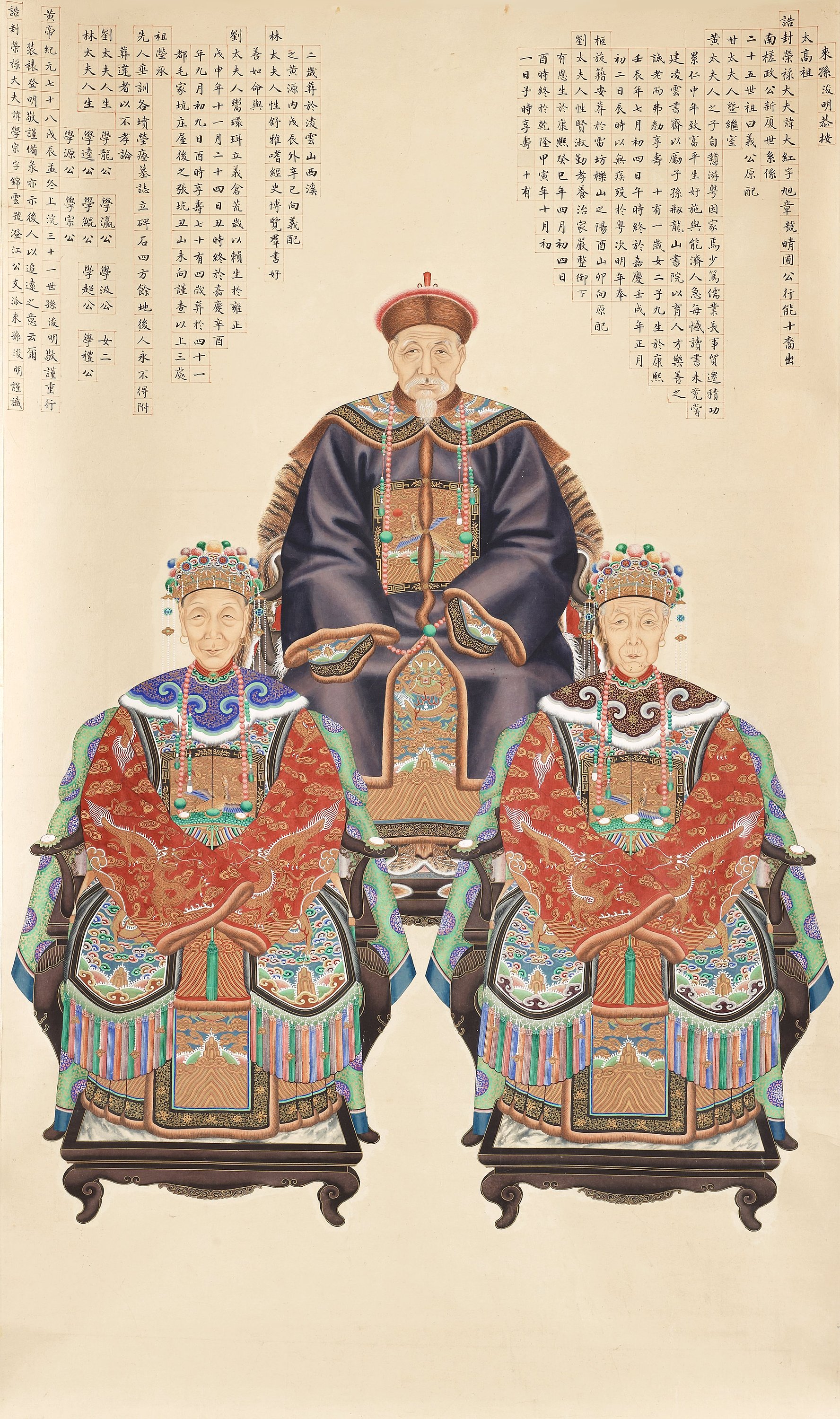 A hanging scroll of a well painted ancestral portrait, late Qing ...