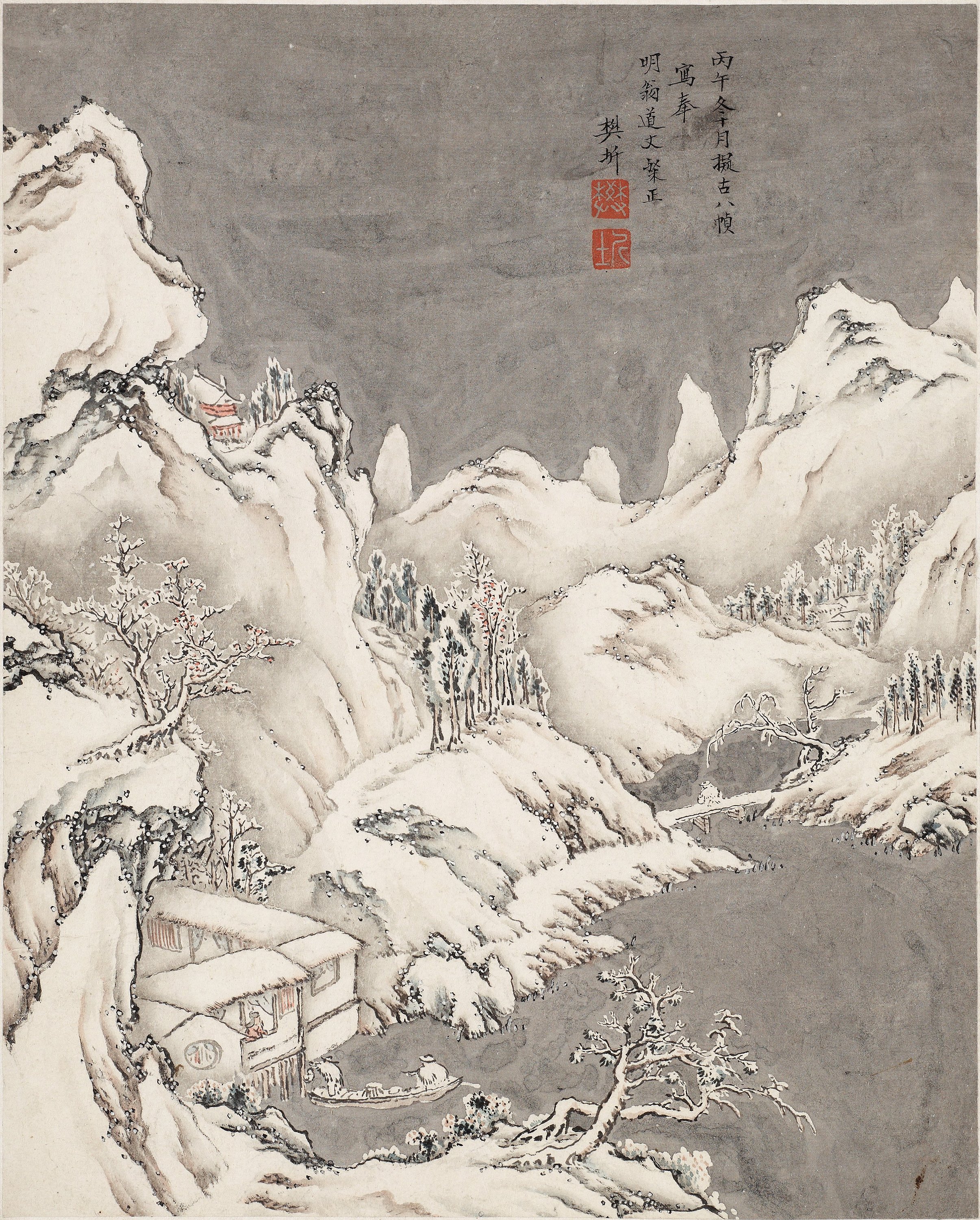 An album leaf depicting a snowy landscape with figures, copy after Fan ...