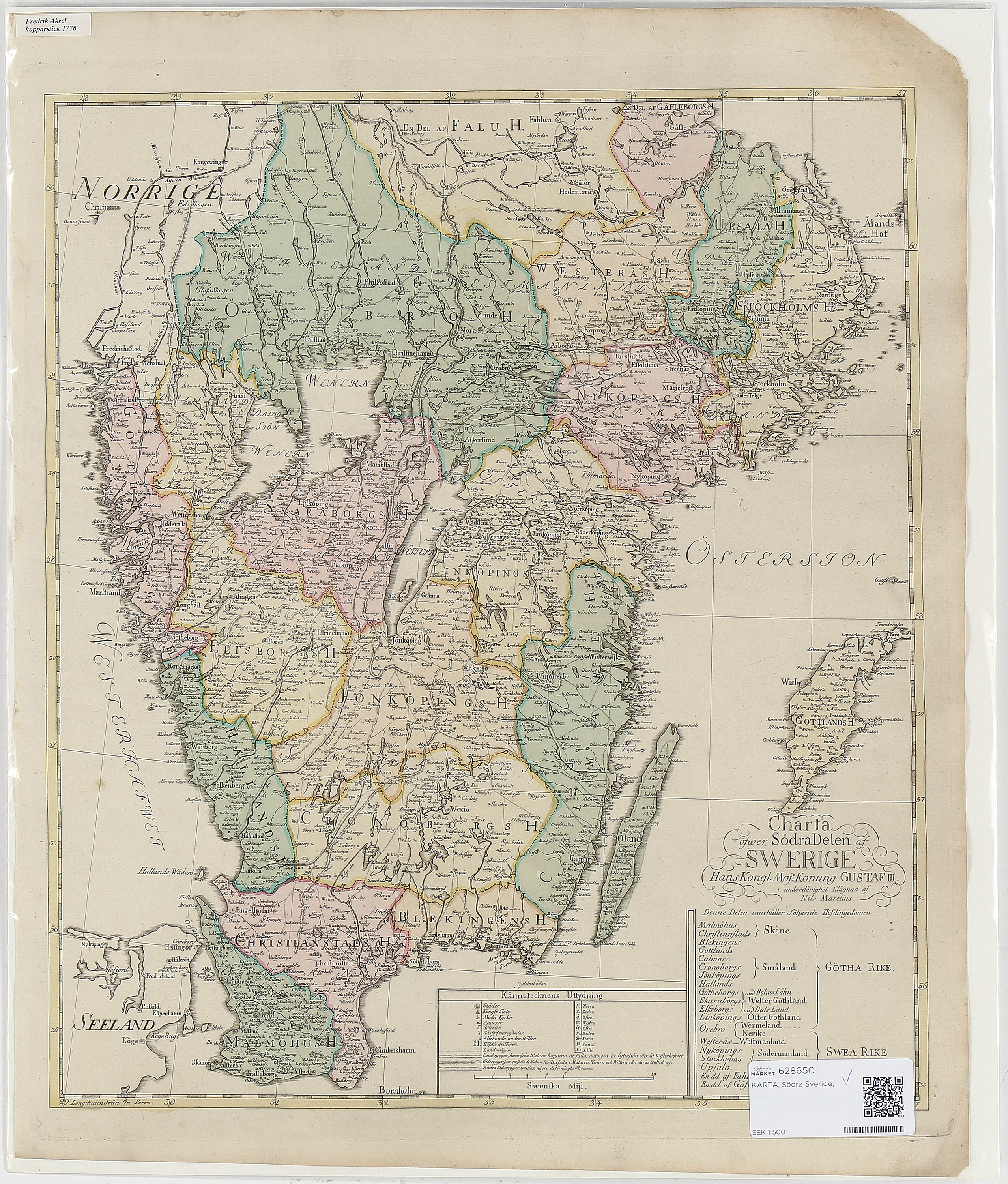 NILS MARELIUS, karta, delvis kolorerat kopparstick, 1700-tal. - Bukowskis