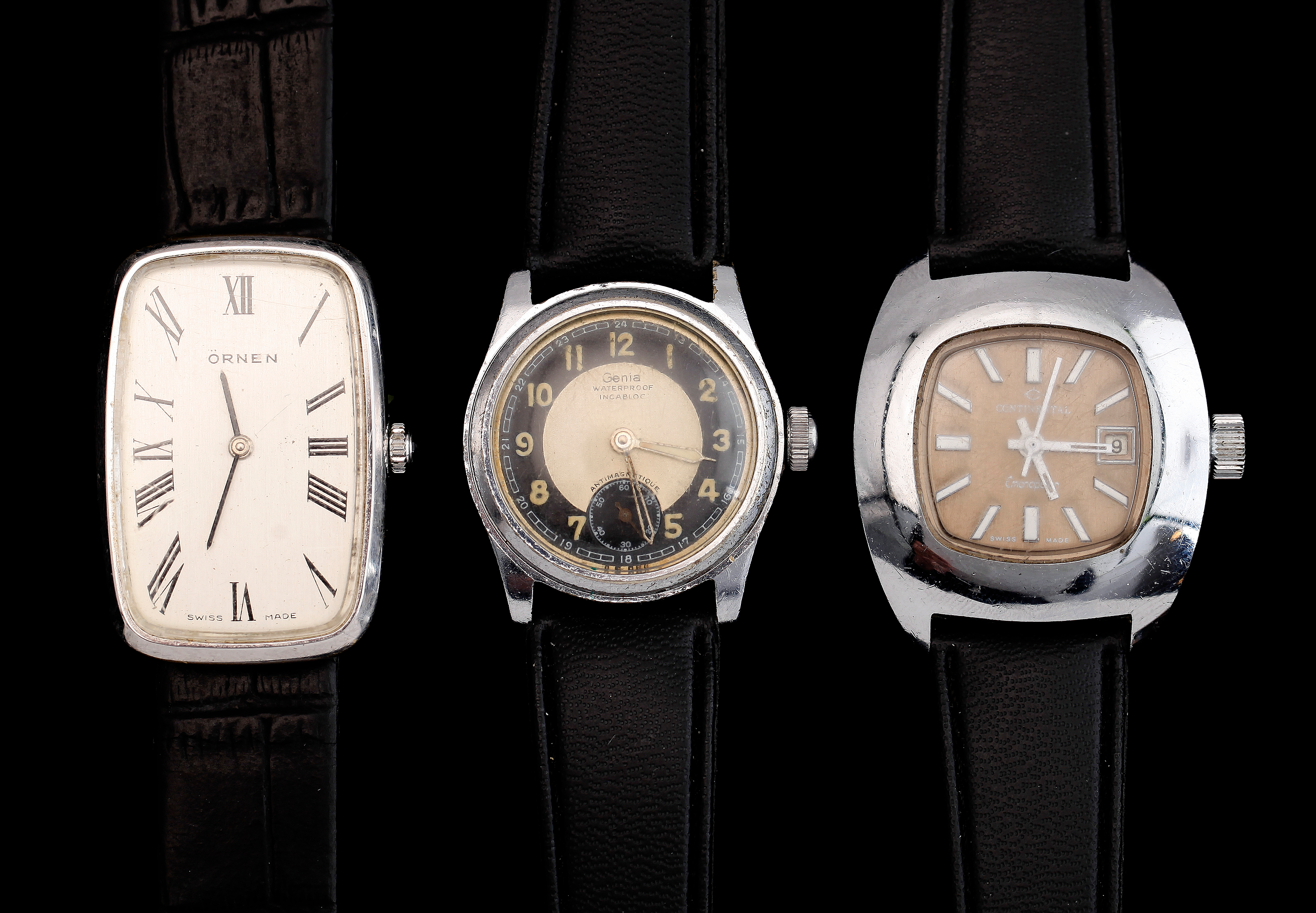 ARMBANDSUR, 3 st, stål, Örnen, Continental och Genia, 1900-tal. - Bukowskis