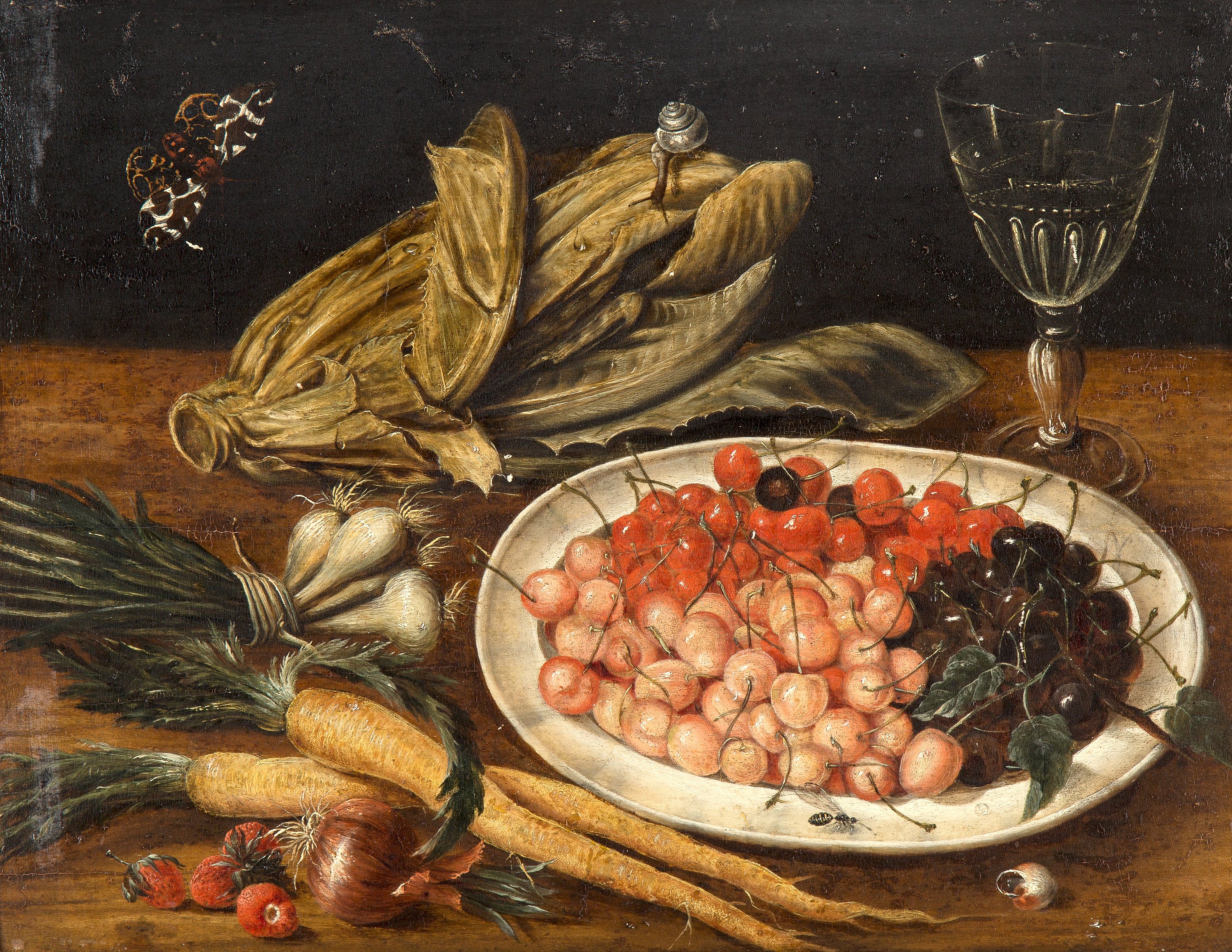 Osias Beert Follower of, Still life with cherries, vegetables & glass ...