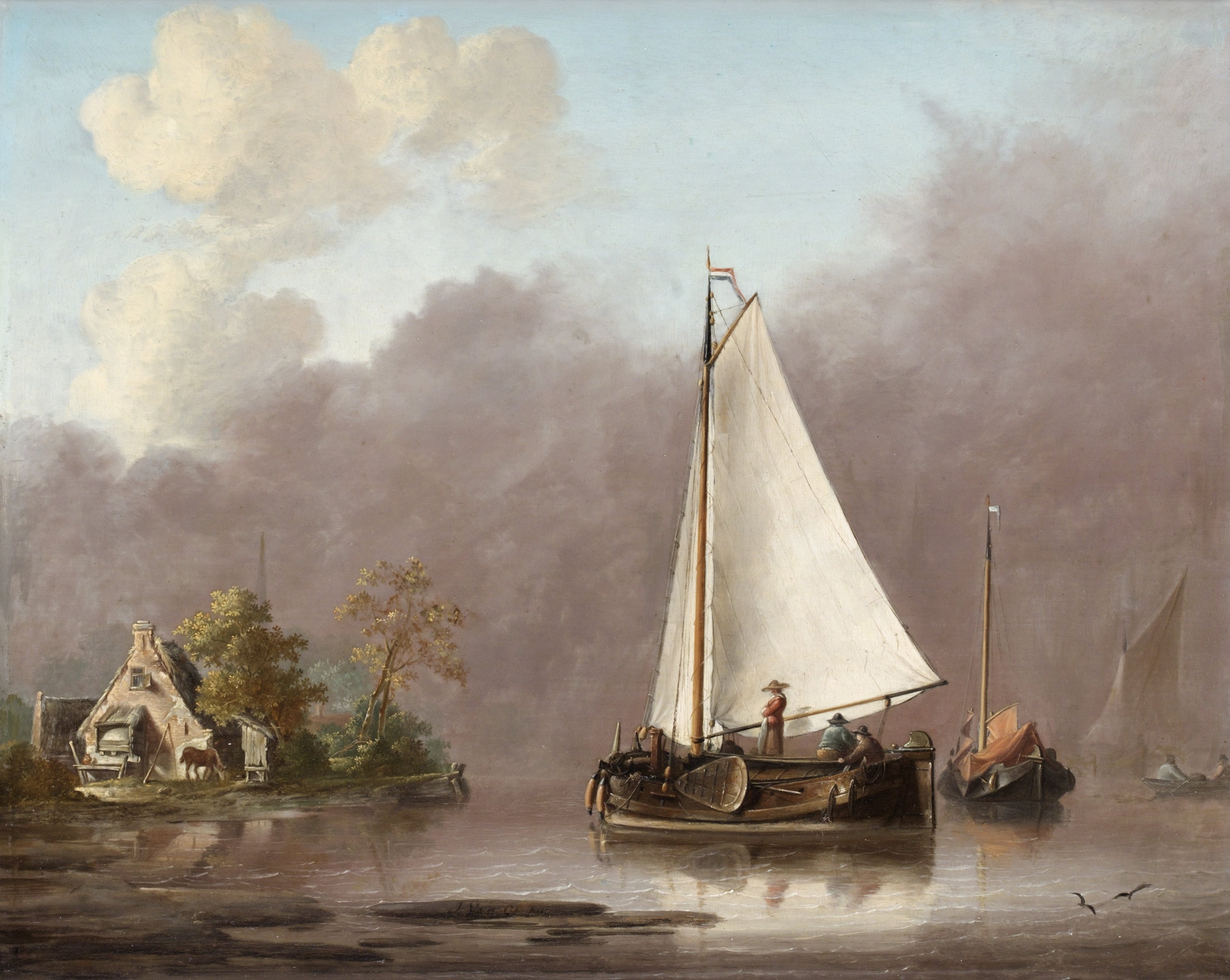 Jan van Os, Holländskt flodlandskap med figurer och båtar. - Bukowskis