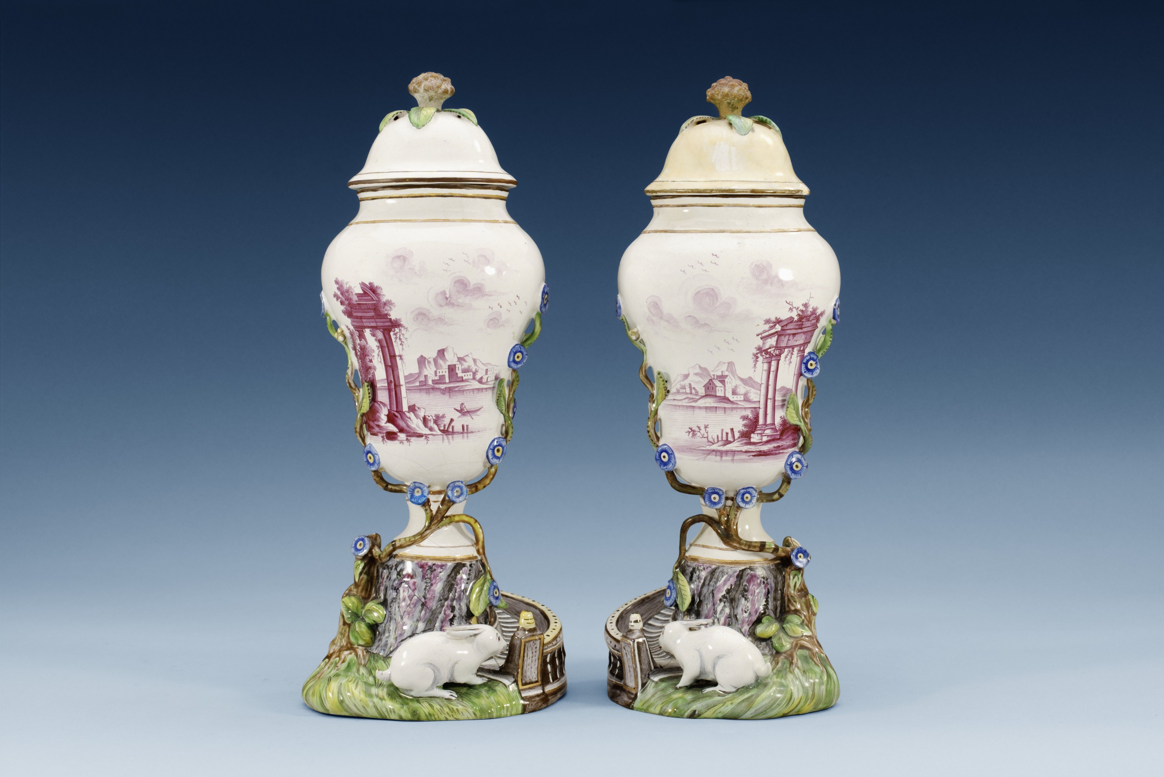 A pair of Marieberg faience vases with covers, 18th Century. (2 ...