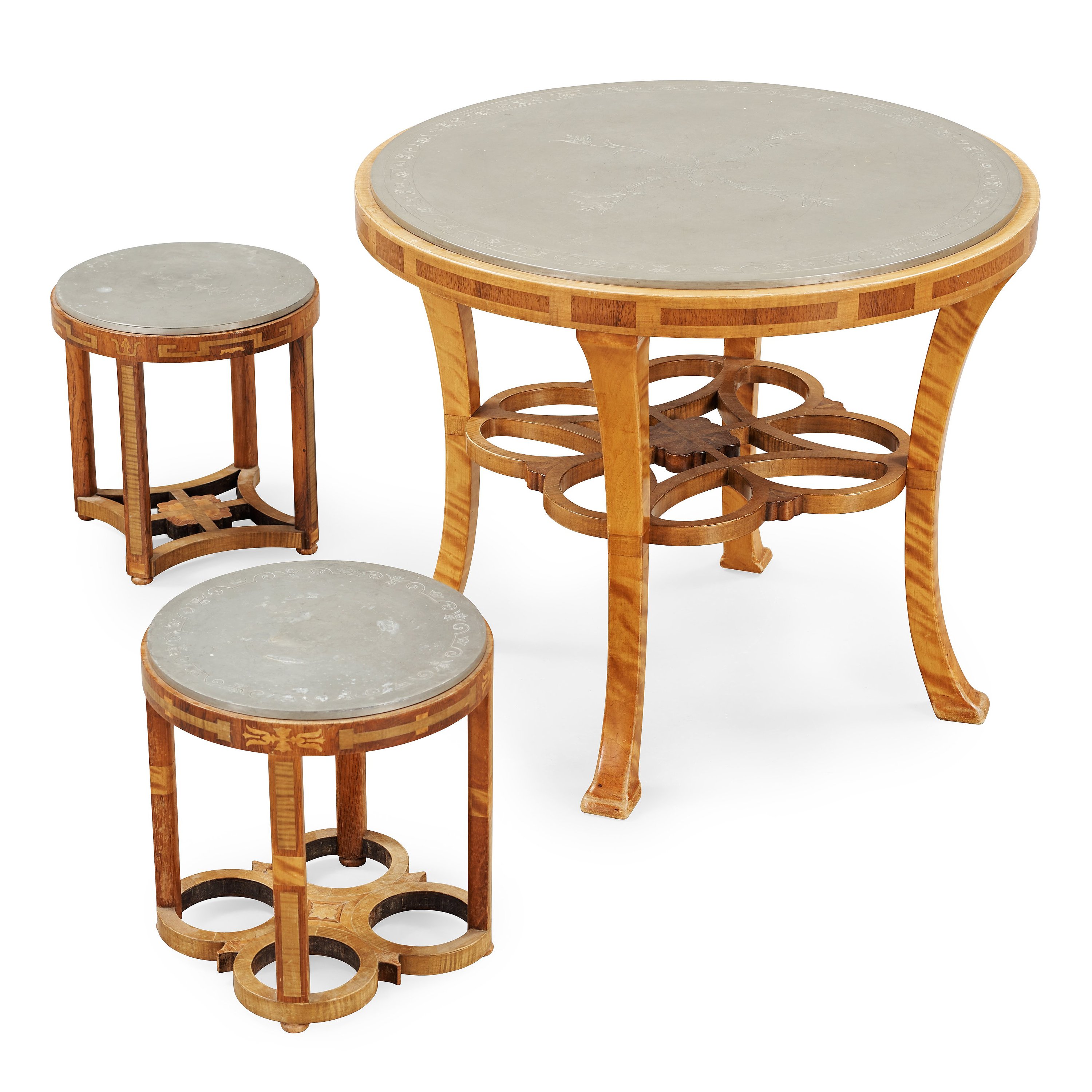 A set of three Swedish grace pewter top tables, Ystad Metall, 1932 ...