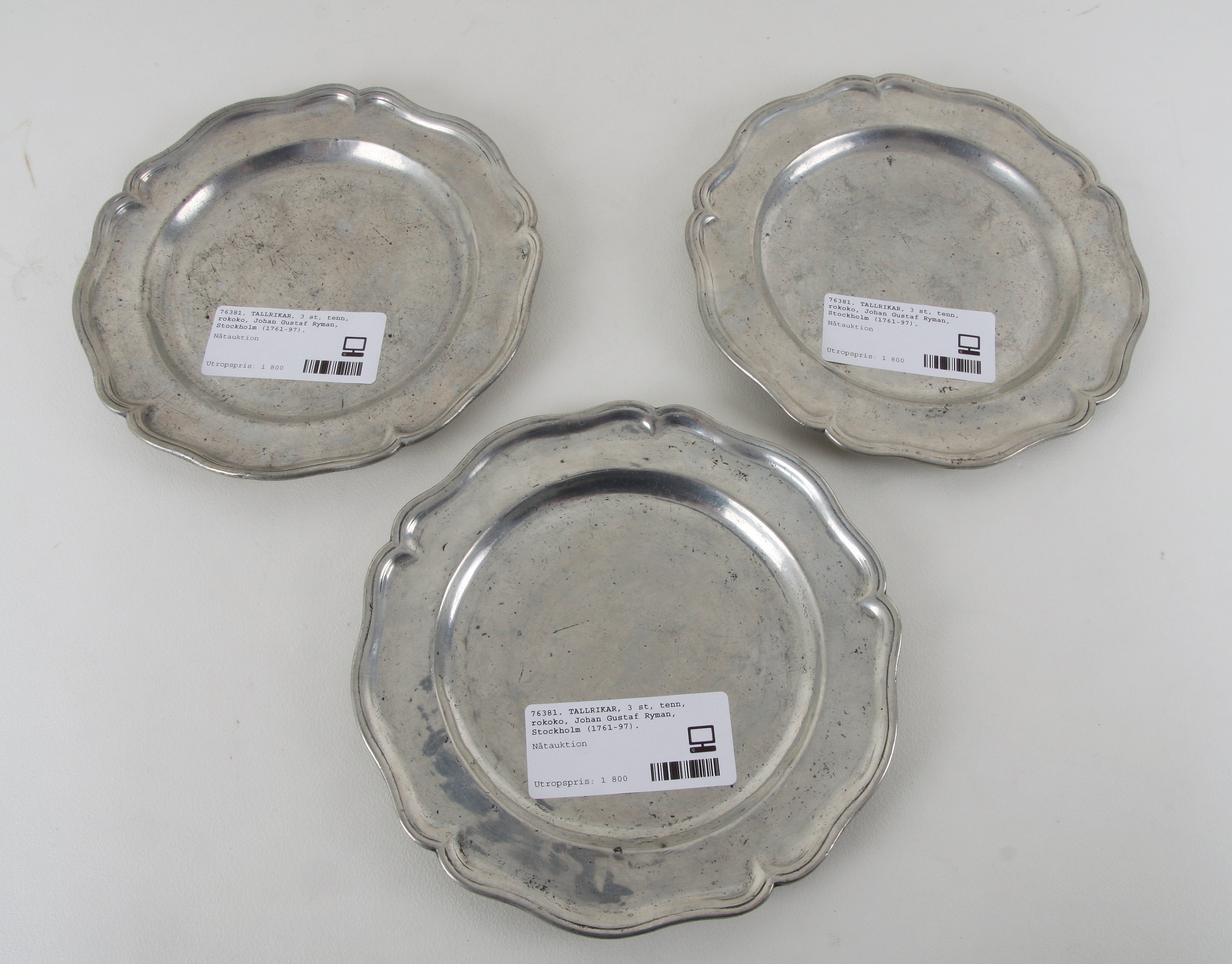 TALLRIKAR, 3 st, tenn, rokoko, Johan Gustaf Ryman, Stockholm (1761-97 ...