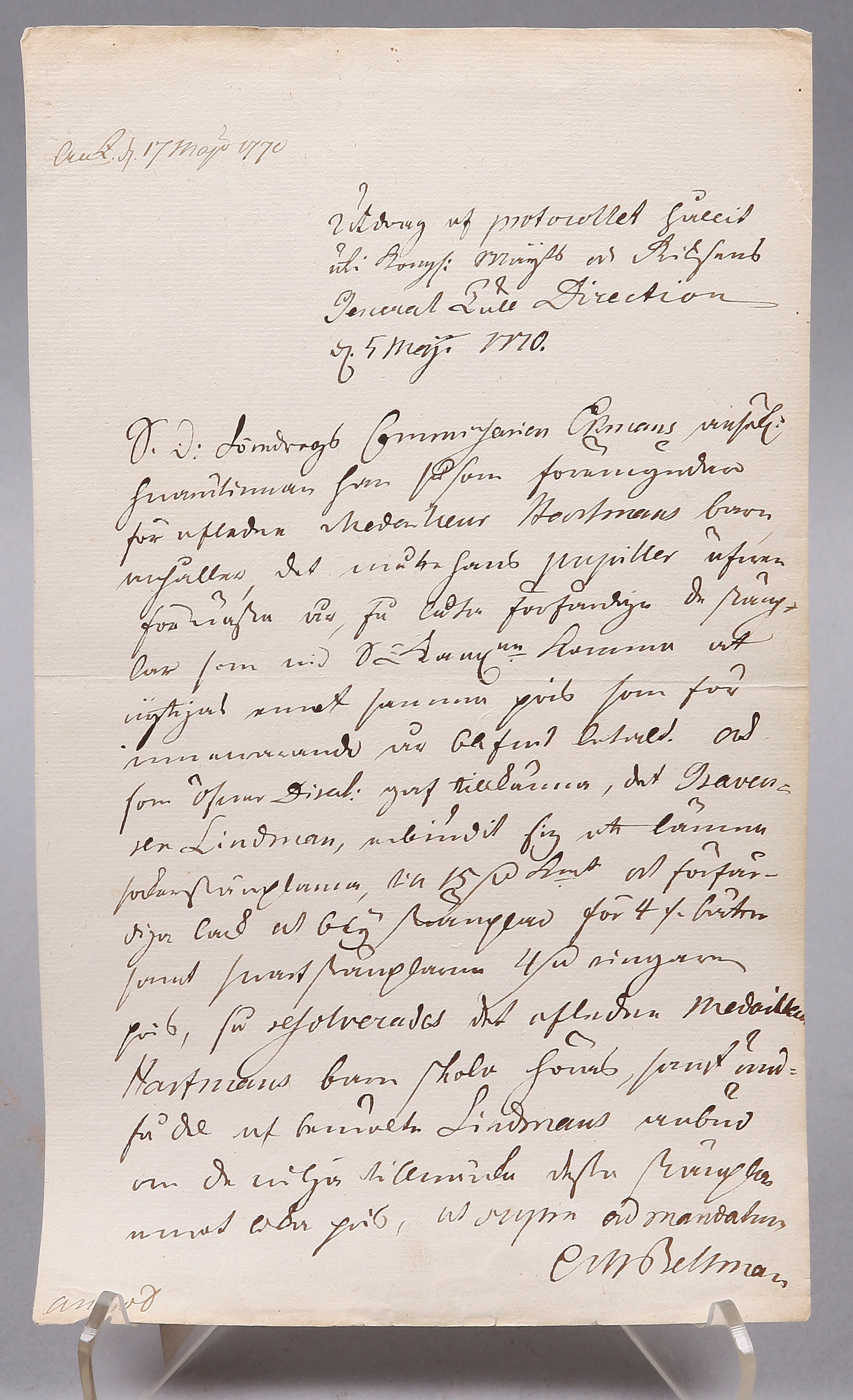 PROTOKOLLSUTDRAG MED AUTOGRAF, Carl Michael Bellman, sign o dat 1770 ...