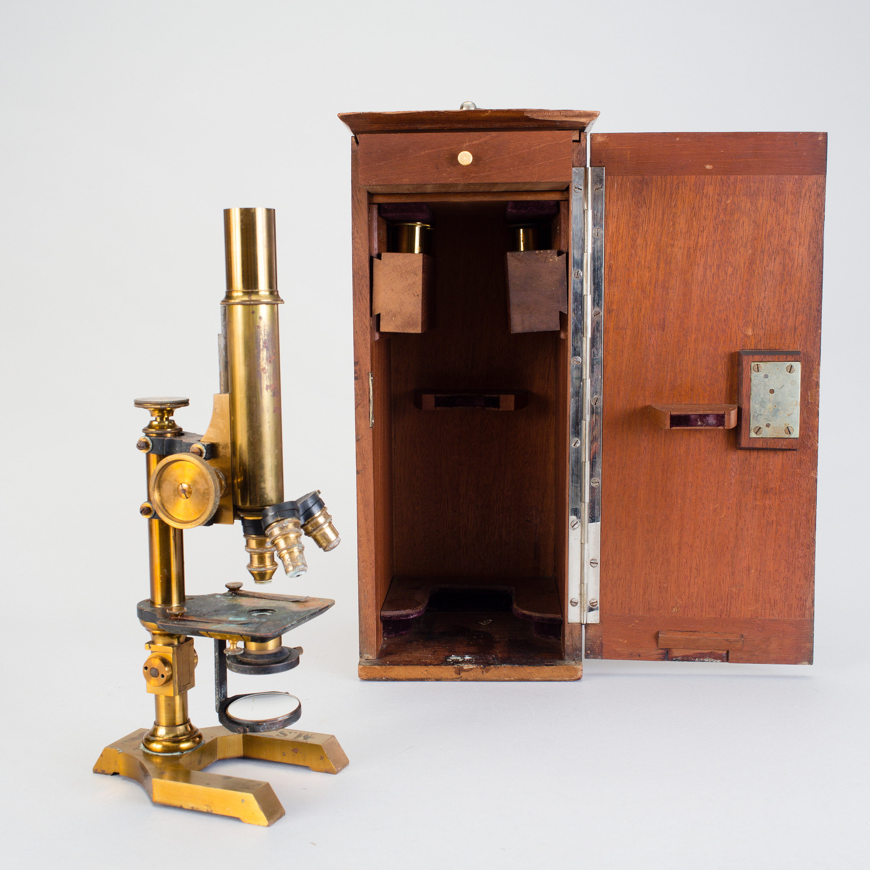 A brass microscope in a mahogany case, Seibert, around year 1900 ...