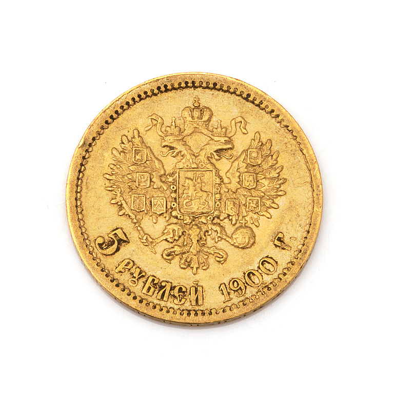 A RUSSIAN 5 RUBEL GOLD COIN, Nikolai II, 1900. Ca 3 grams. - Bukowskis