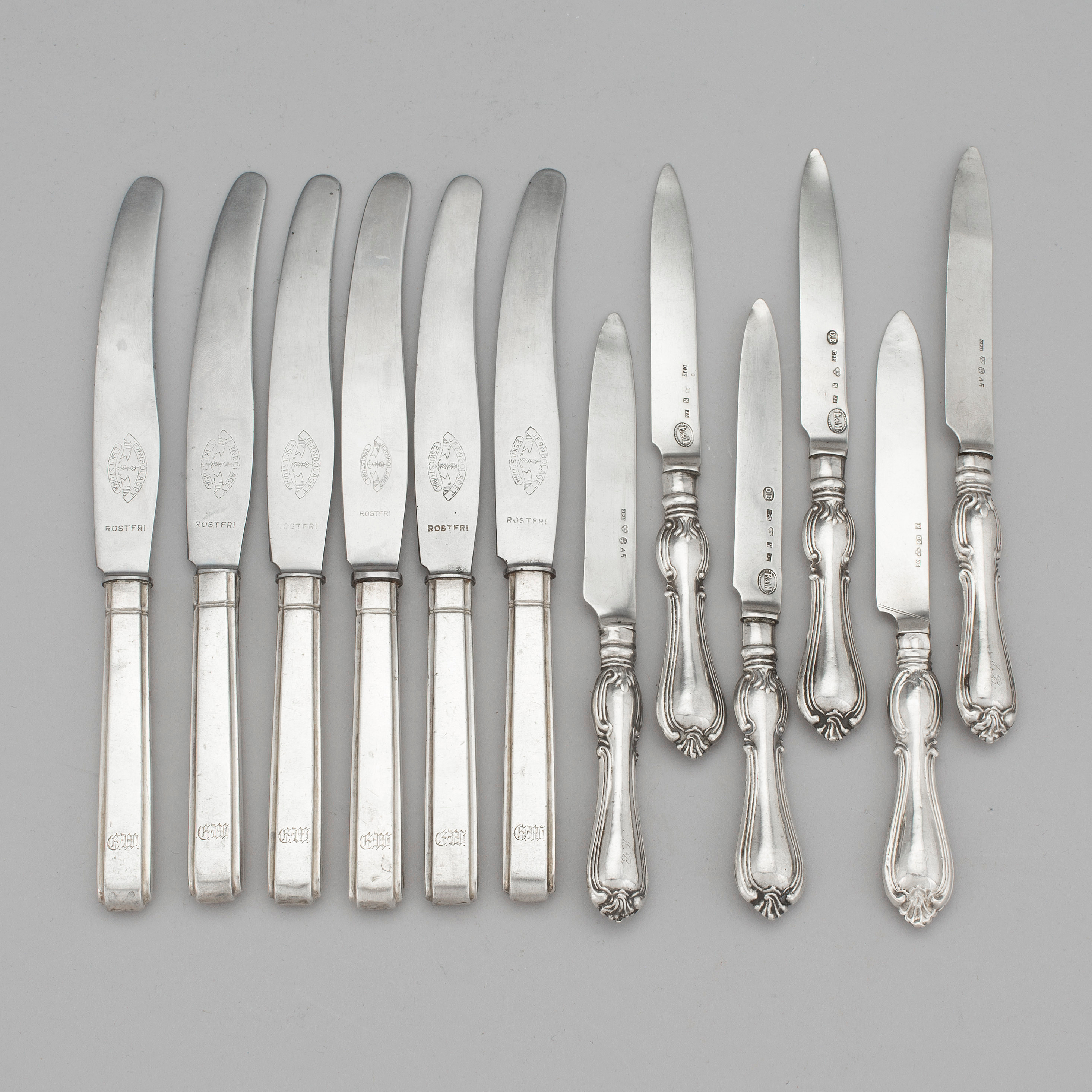 FRUIT KNIVES , "Olga" with silver blades, 1800s , and DESSERT KNIVES, 6 ...