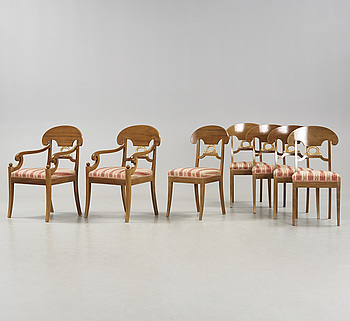 A set of 2 mahogany armchairs and 5 chairs Karl Johan-style early 20th ...
