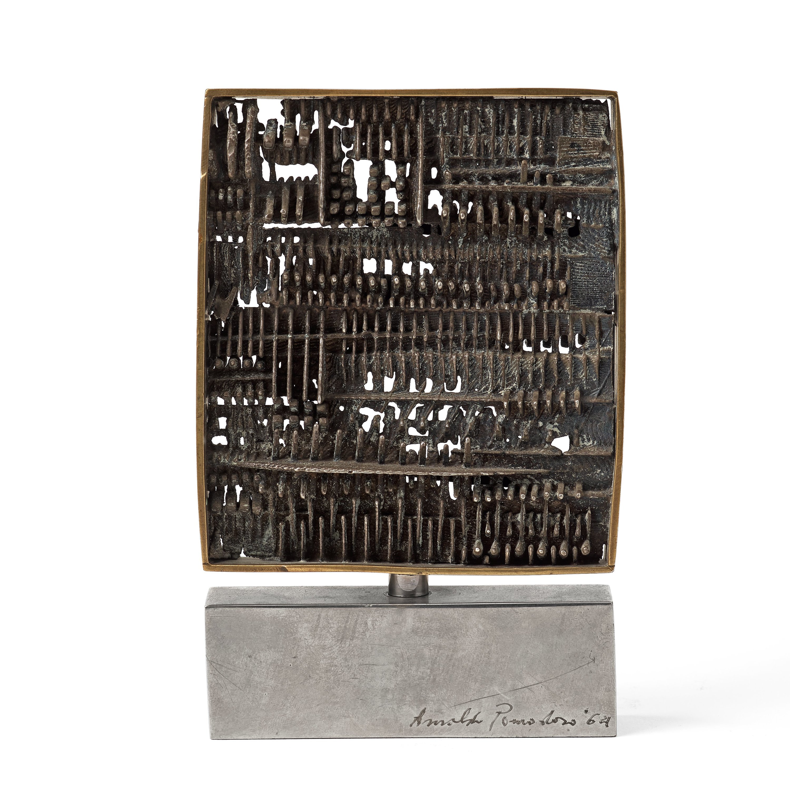 Arnaldo Pomodoro, ARNALDO POMODORO, bronze and brass, signed Arnoldo ...