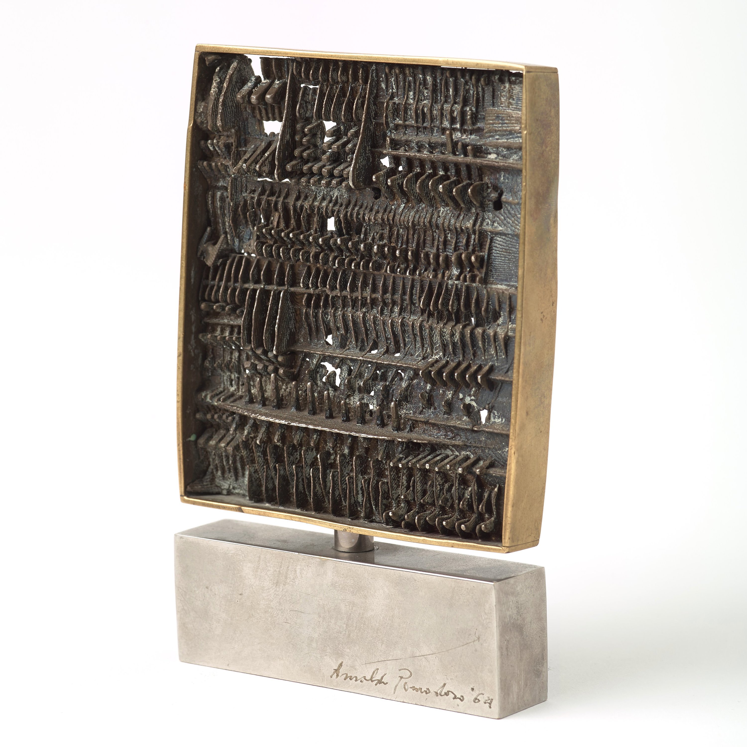 Arnaldo Pomodoro, ARNALDO POMODORO, bronze and brass, signed Arnoldo ...