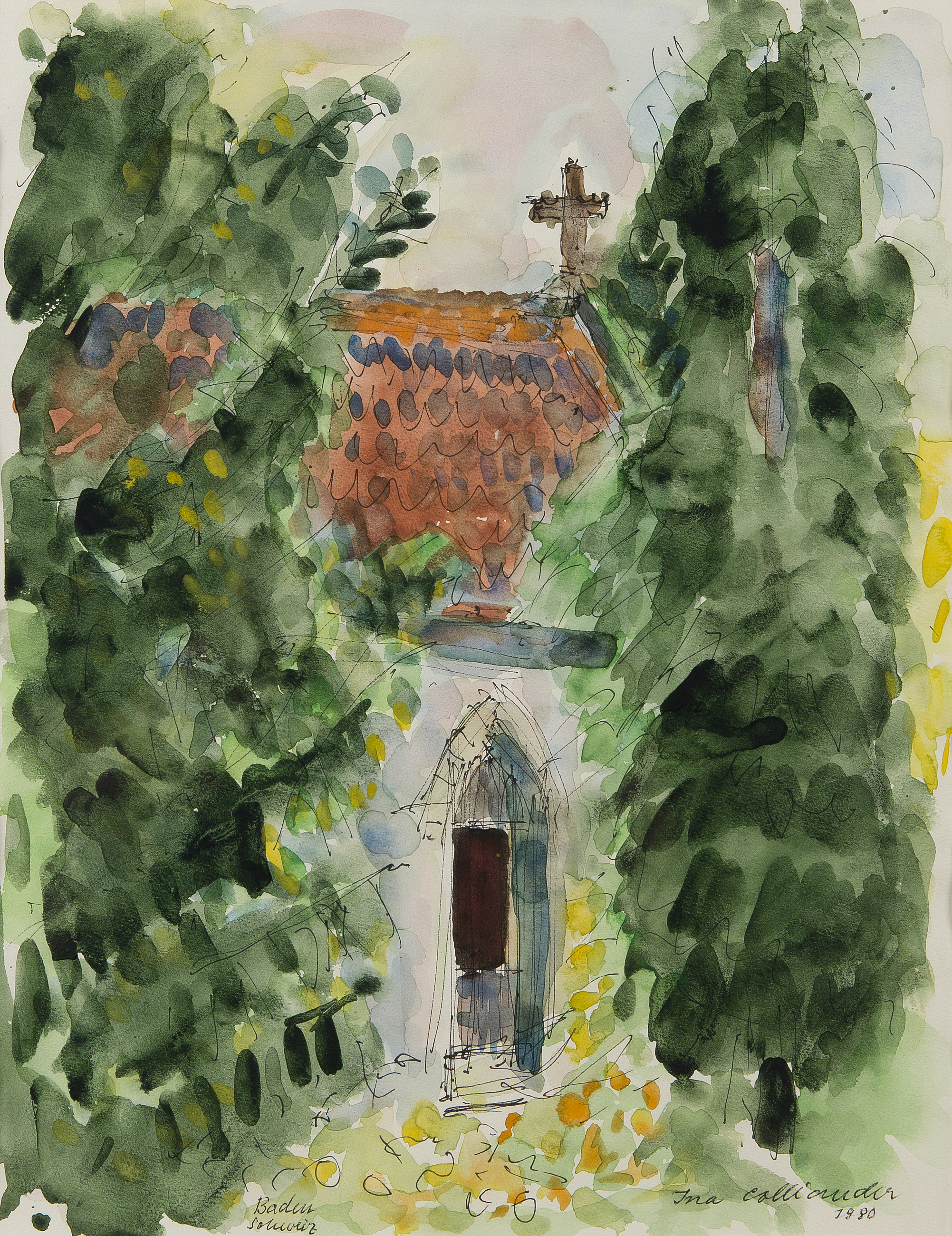 INA COLLIANDER, blandteknik på papper, signerad, märkt Baden Schweiz ...