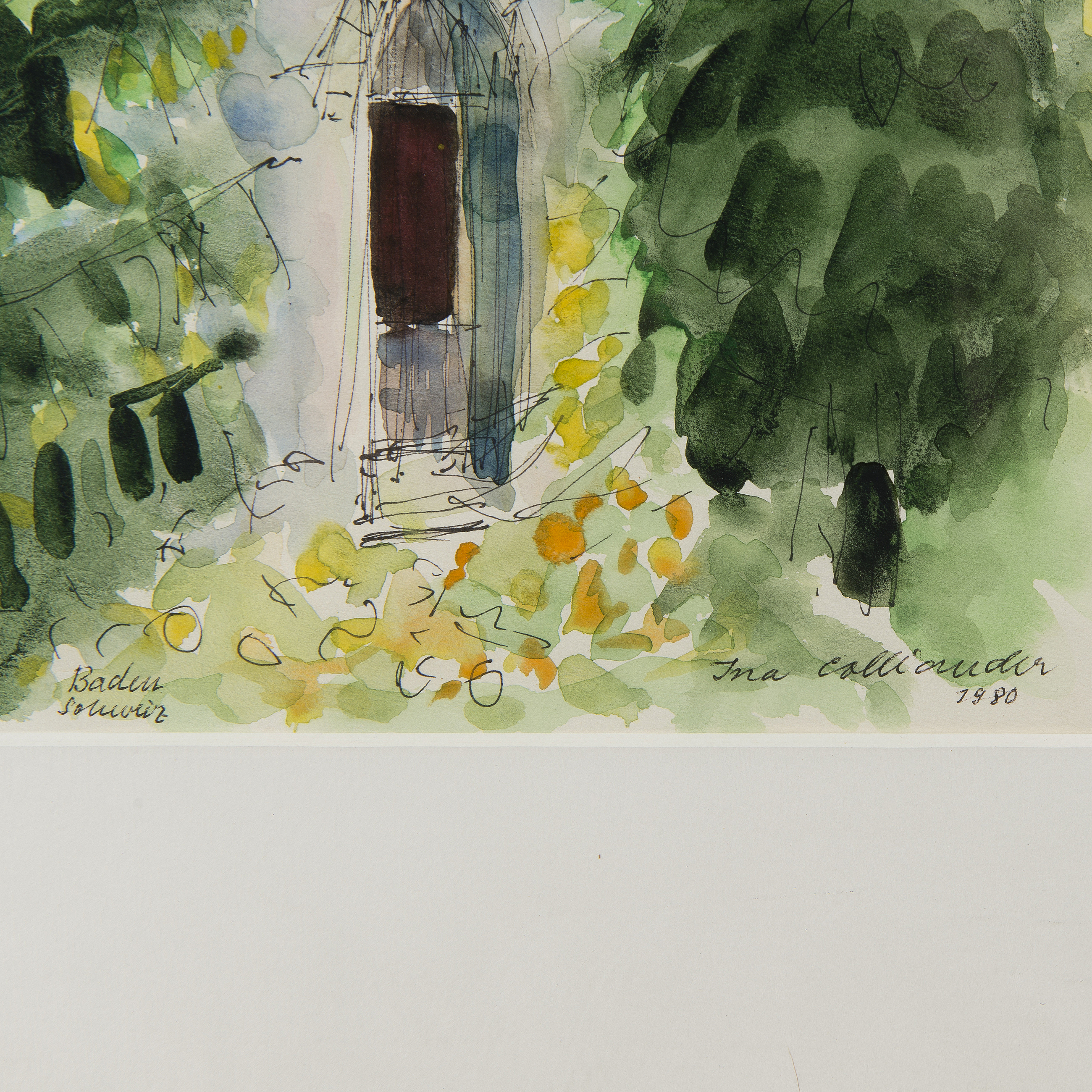 INA COLLIANDER, blandteknik på papper, signerad, märkt Baden Schweiz ...