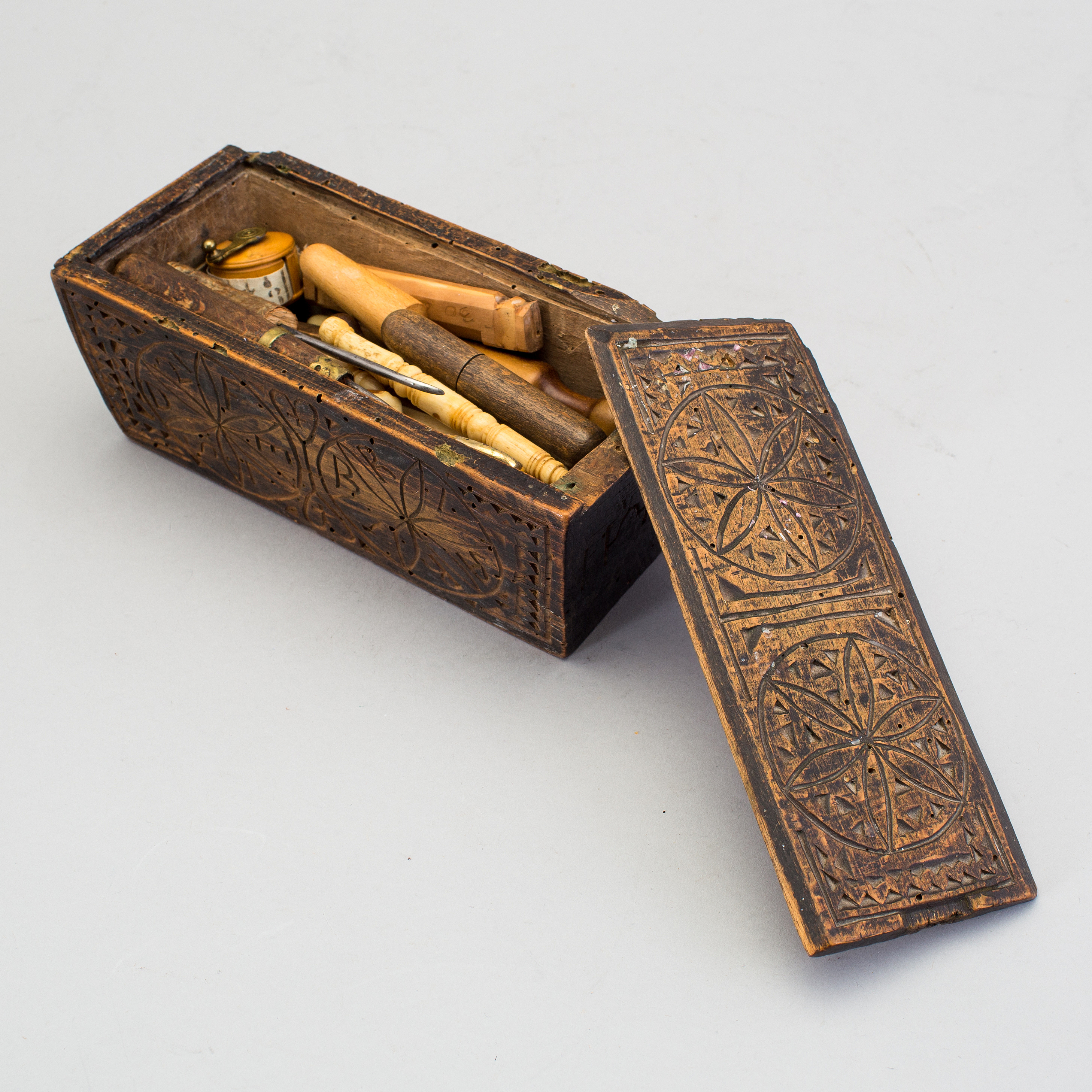 A folk wooden boxb with tools from Österlen Skåne partly from the 18th ...