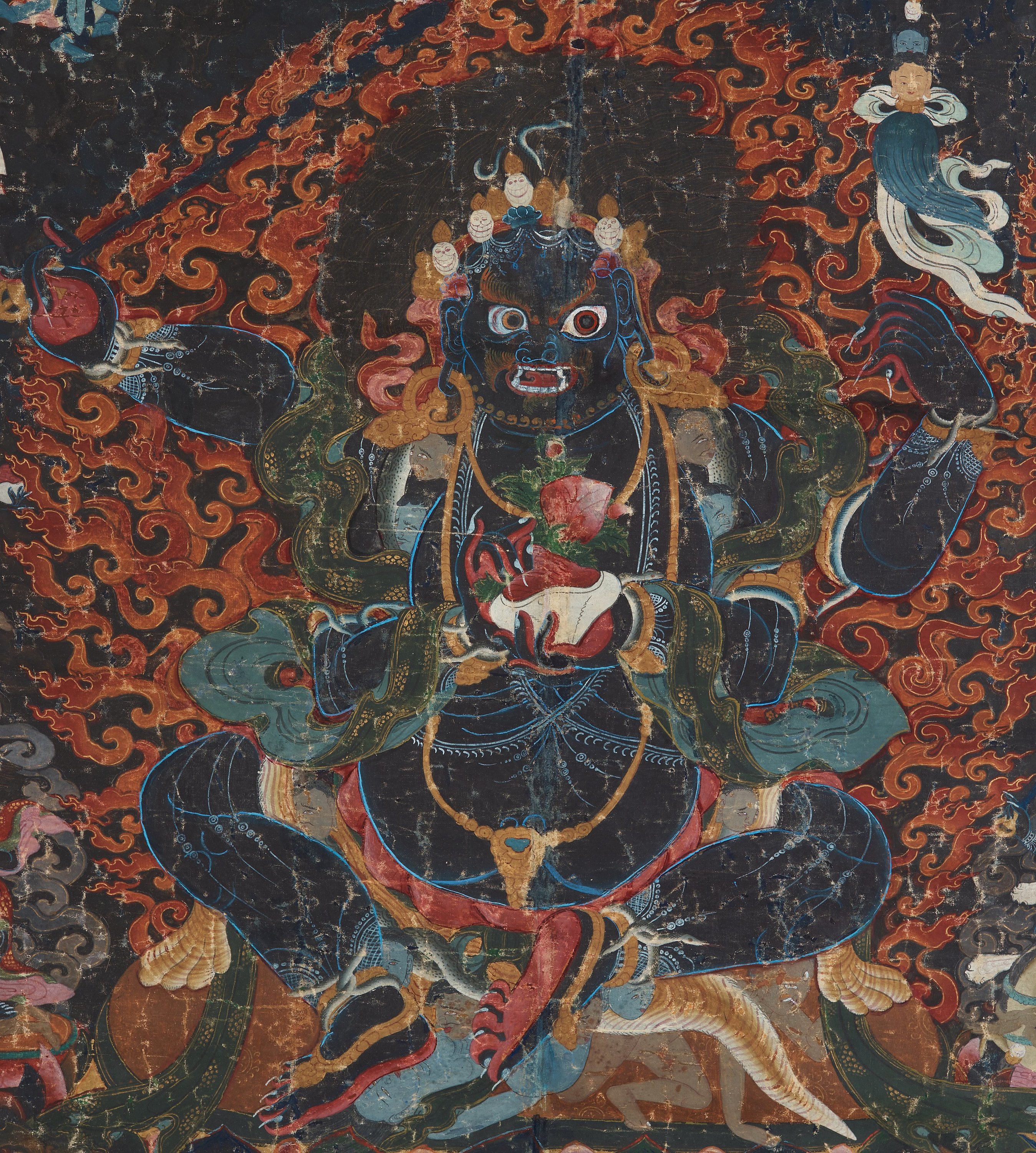 A Tibetan Thangka of Mahakala surrounded by fierce Dharma protectors ...