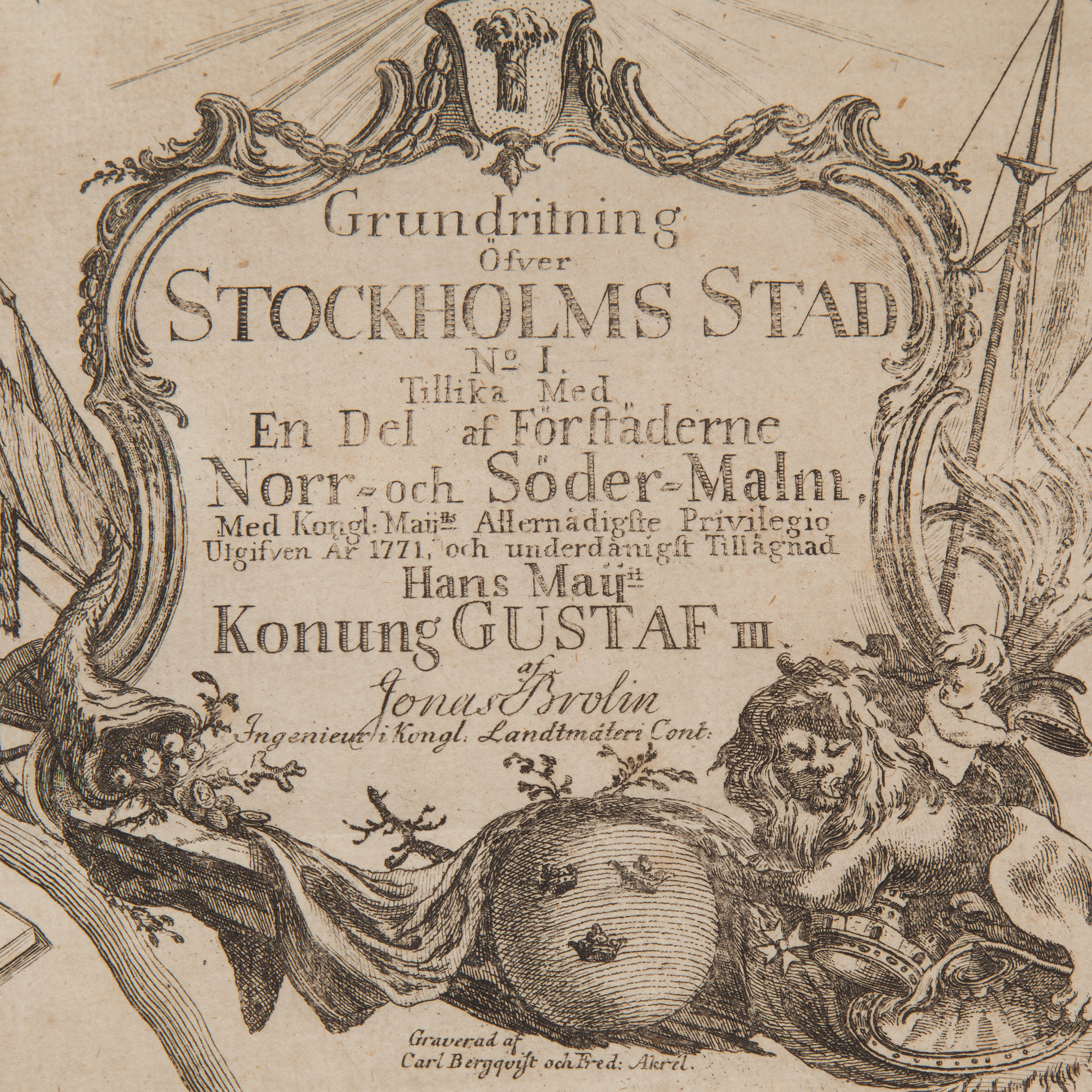 KARTA. Grundritning öfver Stockholms stad, Jonas Brolin, utgiven 1771 ...
