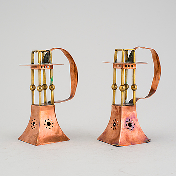 Pair of Art Nouveau brass and copper candlesticks by Carl Deffner ...