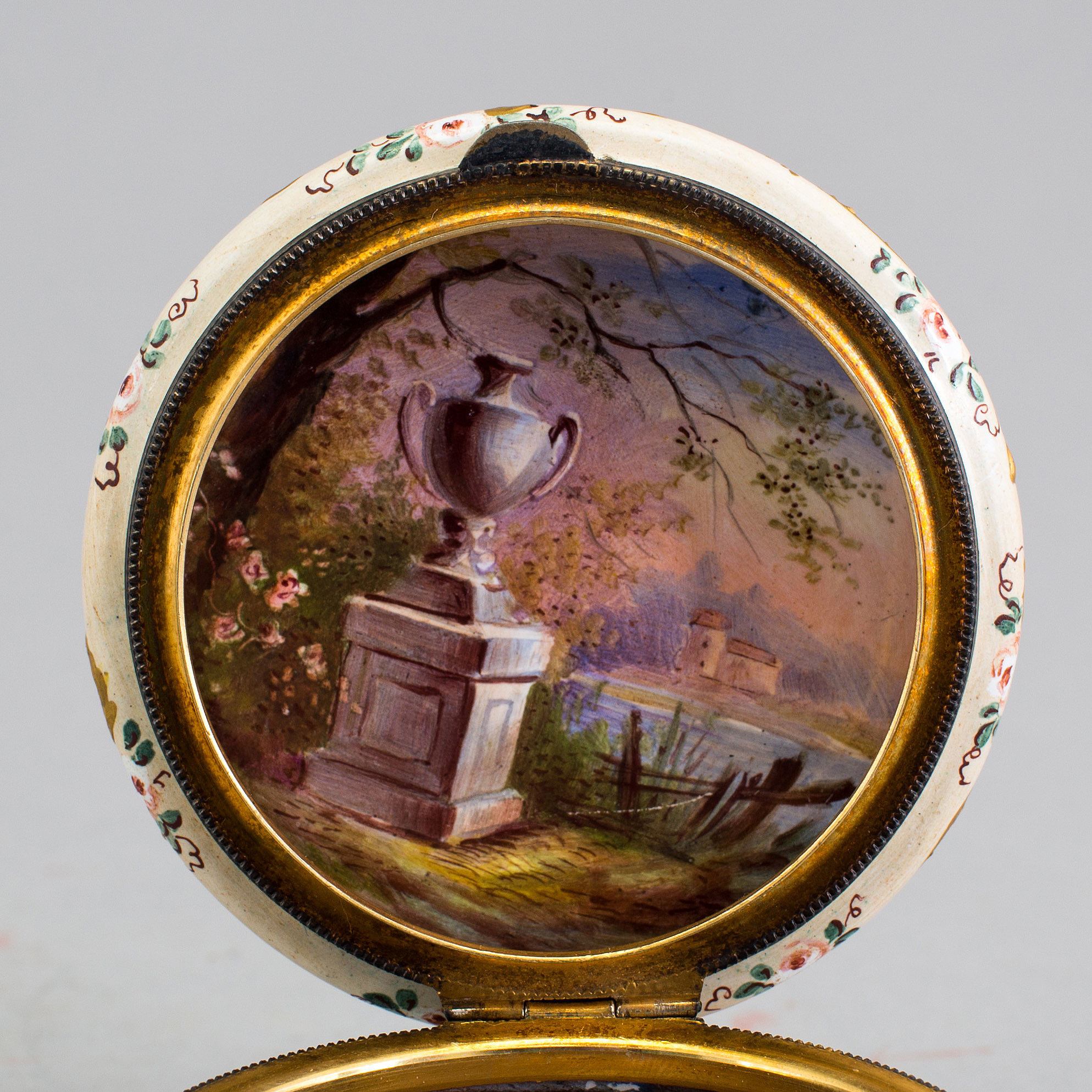 A late 19th century French Rococo style enamel and copper snuff-box ...