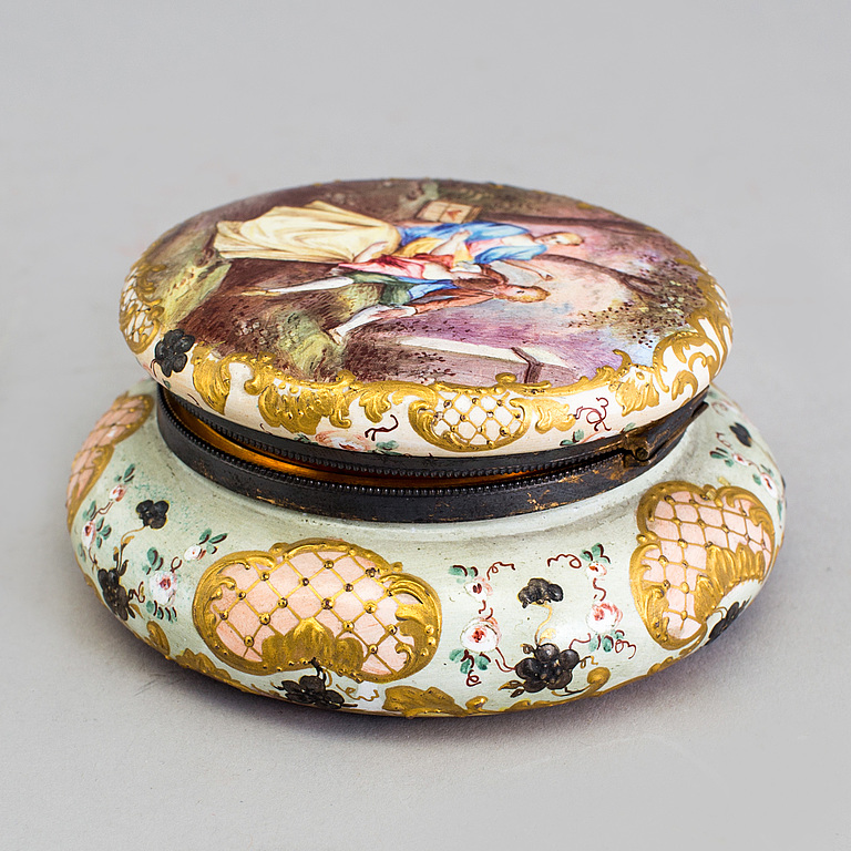 A late 19th century French Rococo style enamel and copper snuff-box ...