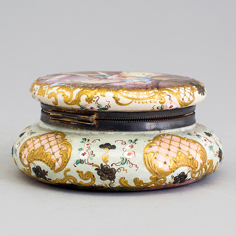 A late 19th century French Rococo style enamel and copper snuff-box ...