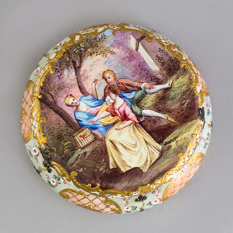 A late 19th century French Rococo style enamel and copper snuff-box ...
