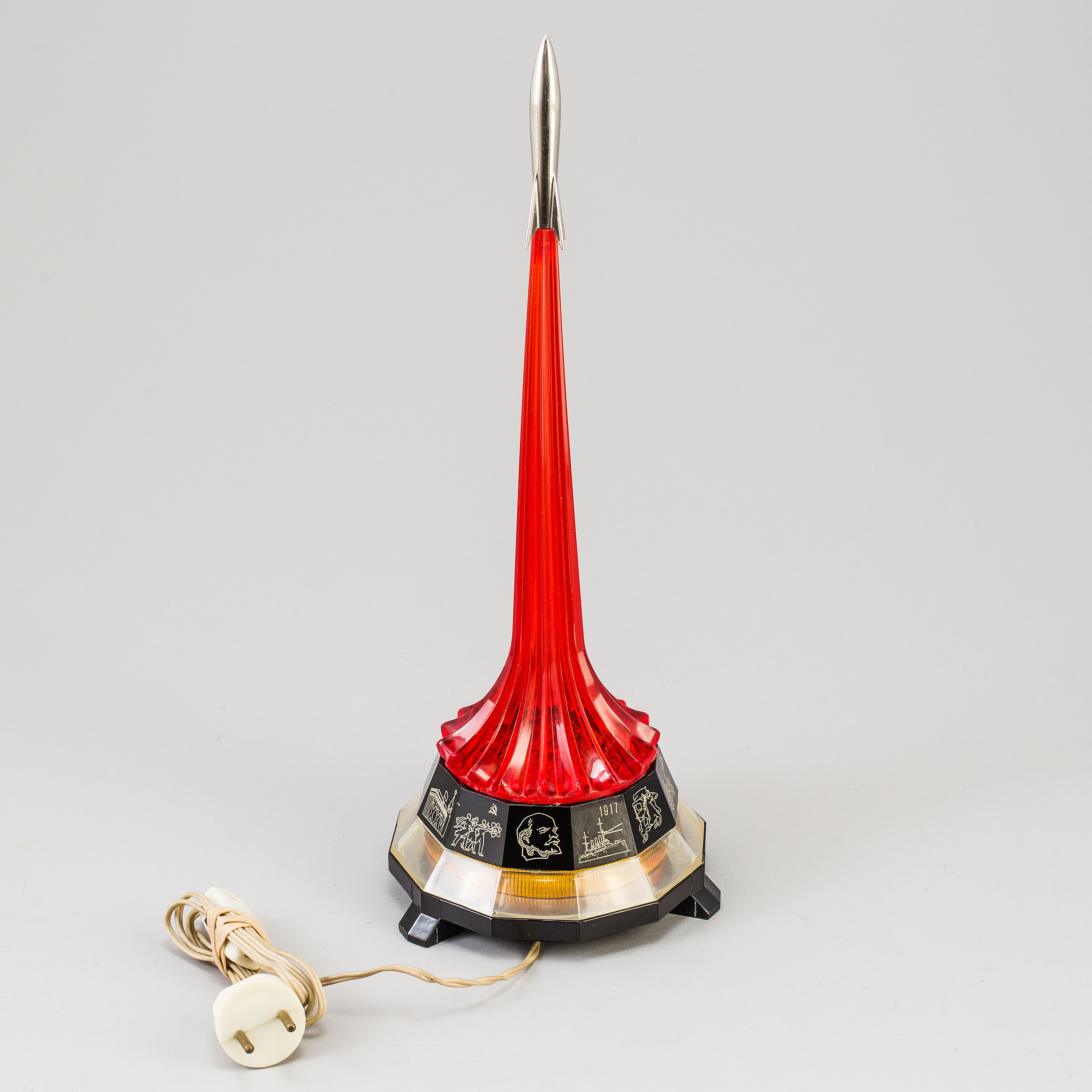 Soviet perspex table lamp with a rocket Finial, depicting Yri Gagarin's ...