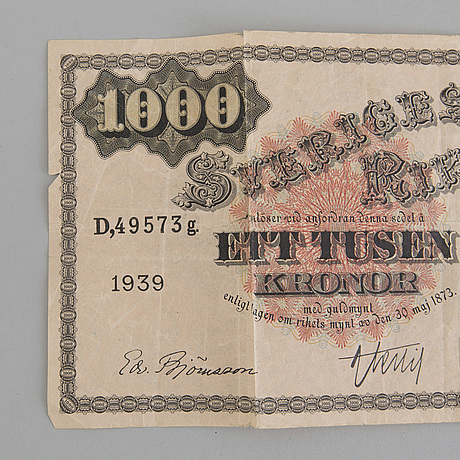 SEDEL, 1000 kronor, Sverige 1939. - Bukowskis