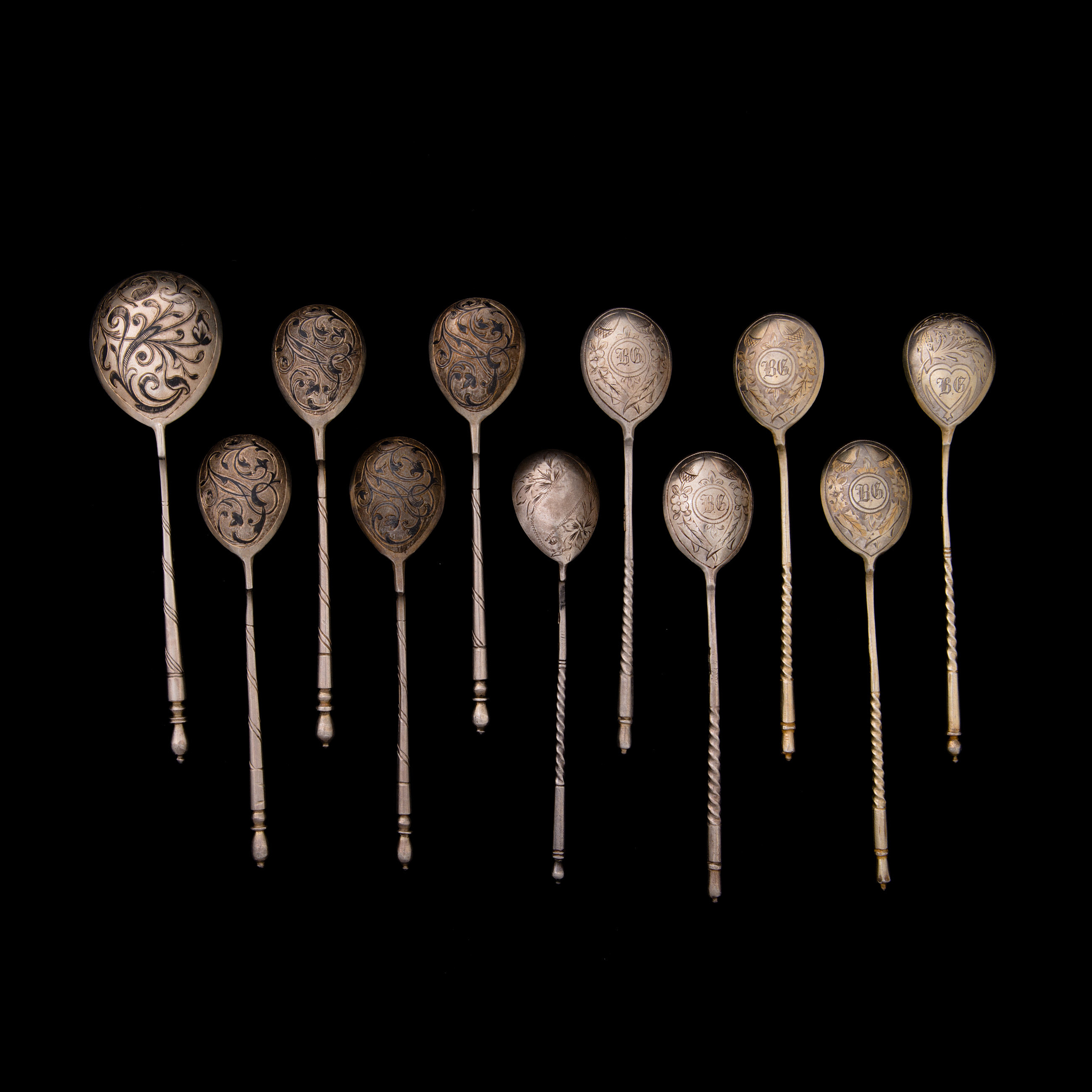 ELEVEN RUSSIAN SILVER SPOONS, (4+2+2+1+1+1), late 19th century, total ...