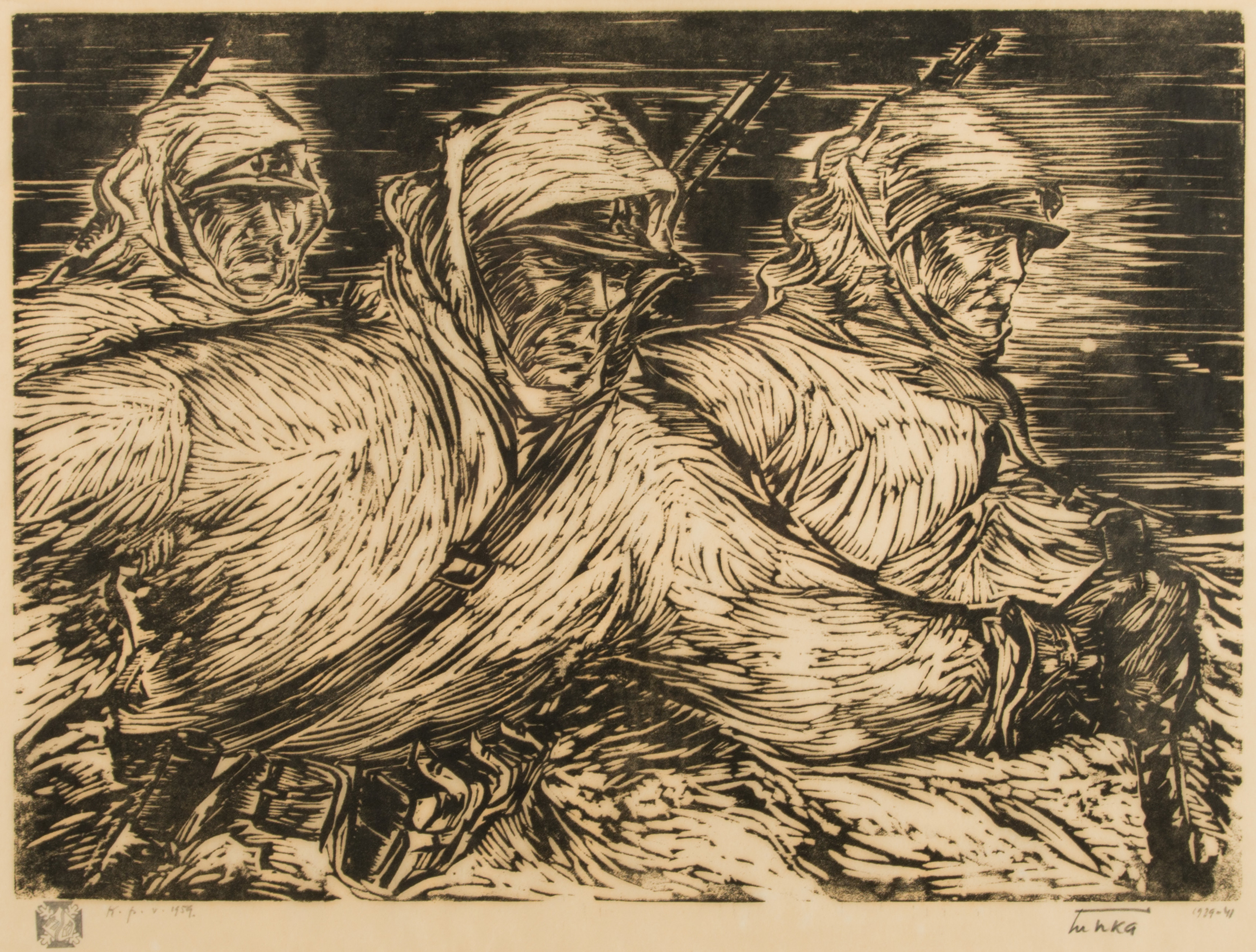 AUKUSTI TUHKA, puupiirros, signeerattu, päivätty 1939-41 ja merkitty K ...