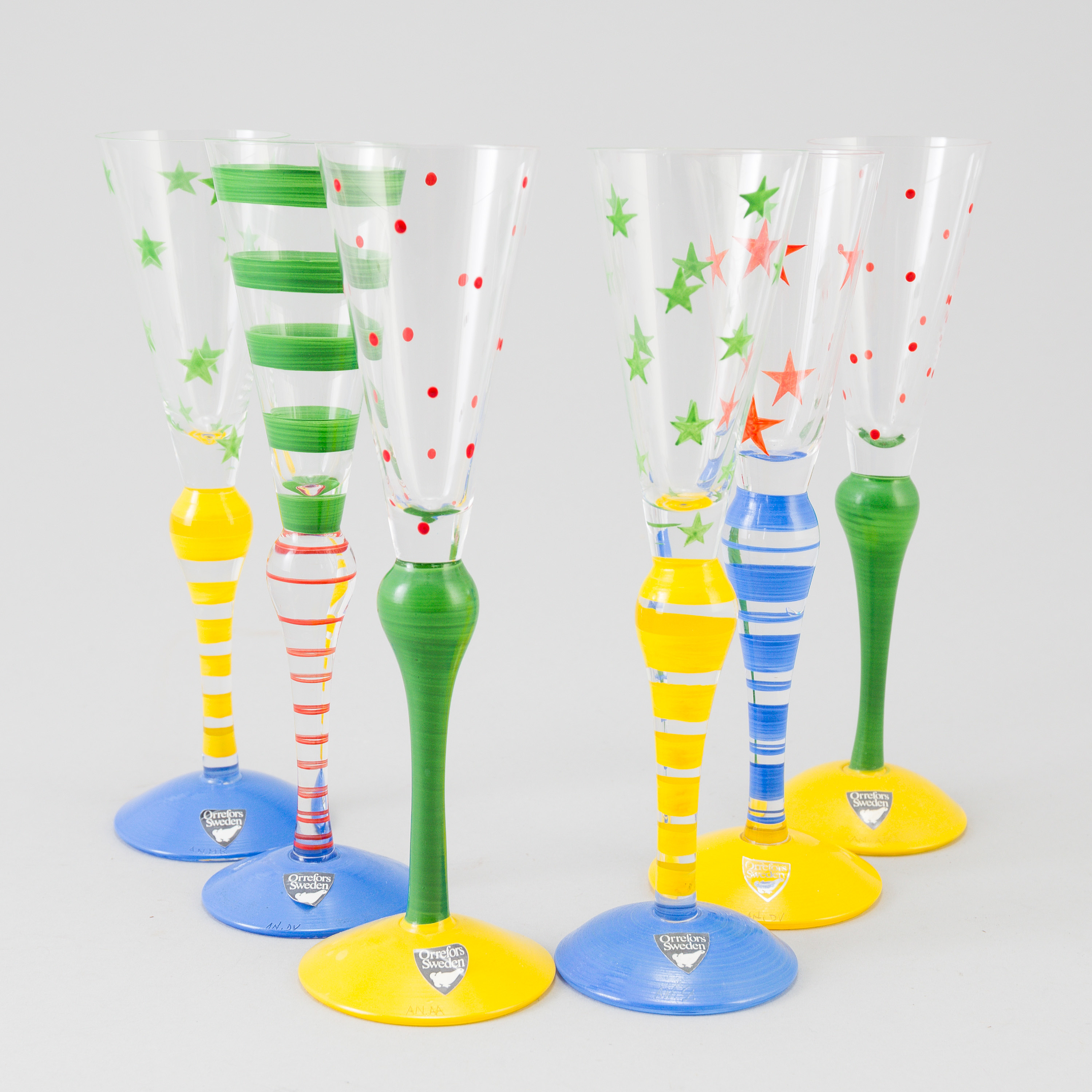 ANNE NILSSON, snapsglas, 6 st, "Clown", Orrefors, monogramsignerade ...