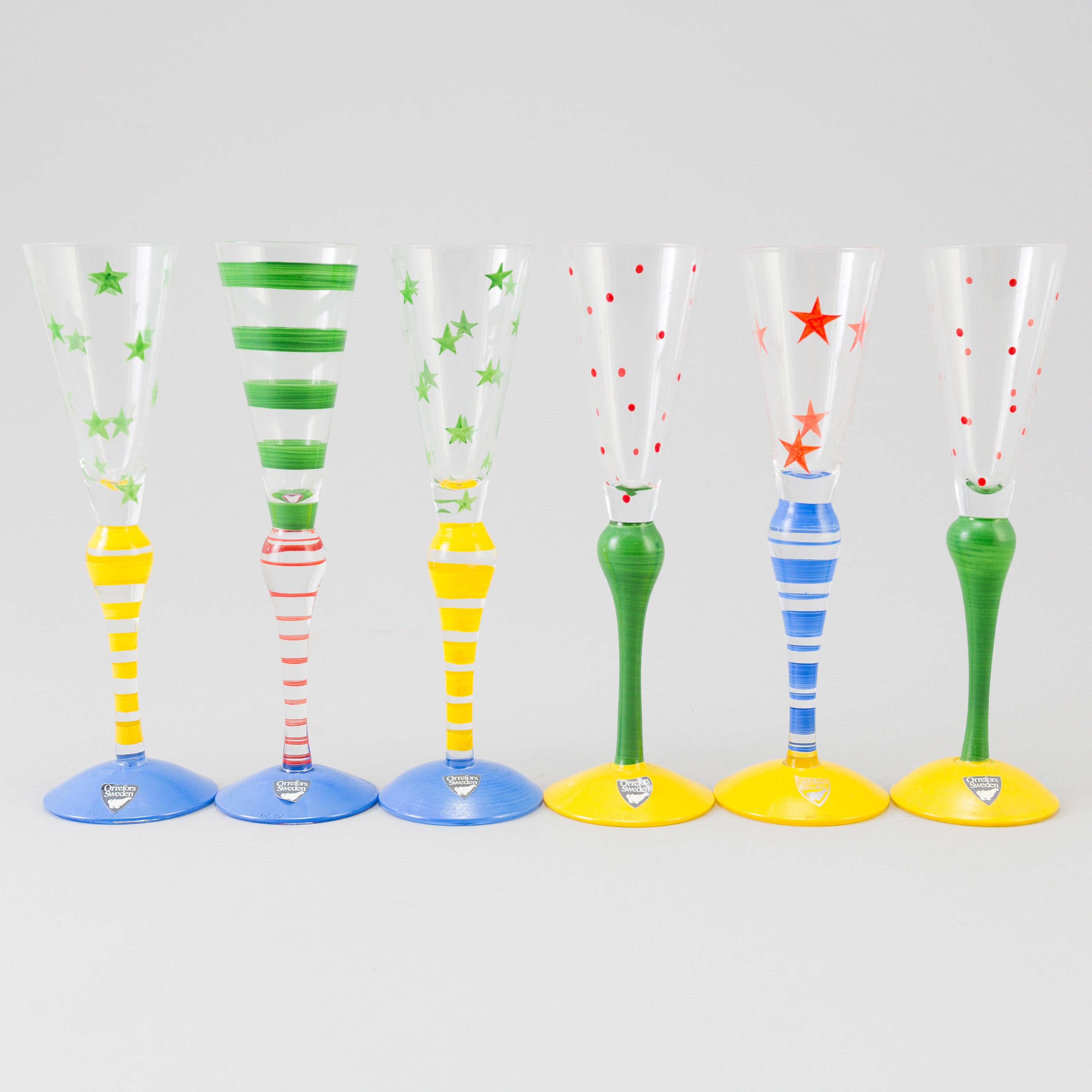 ANNE NILSSON, snapsglas, 6 st, "Clown", Orrefors, monogramsignerade ...