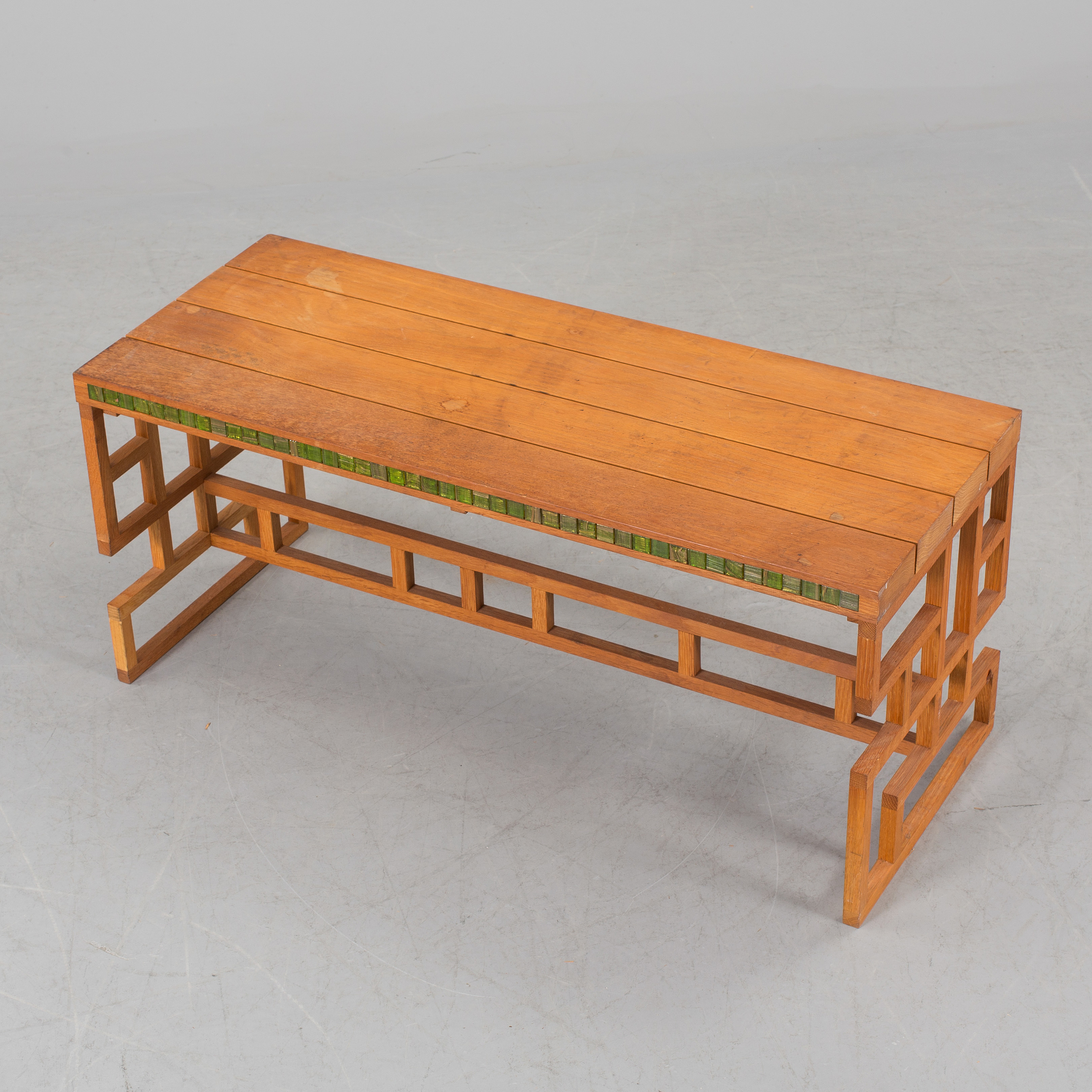 A wood and mosaic Ernst Billgren bench signed and numbered 39/51 ...