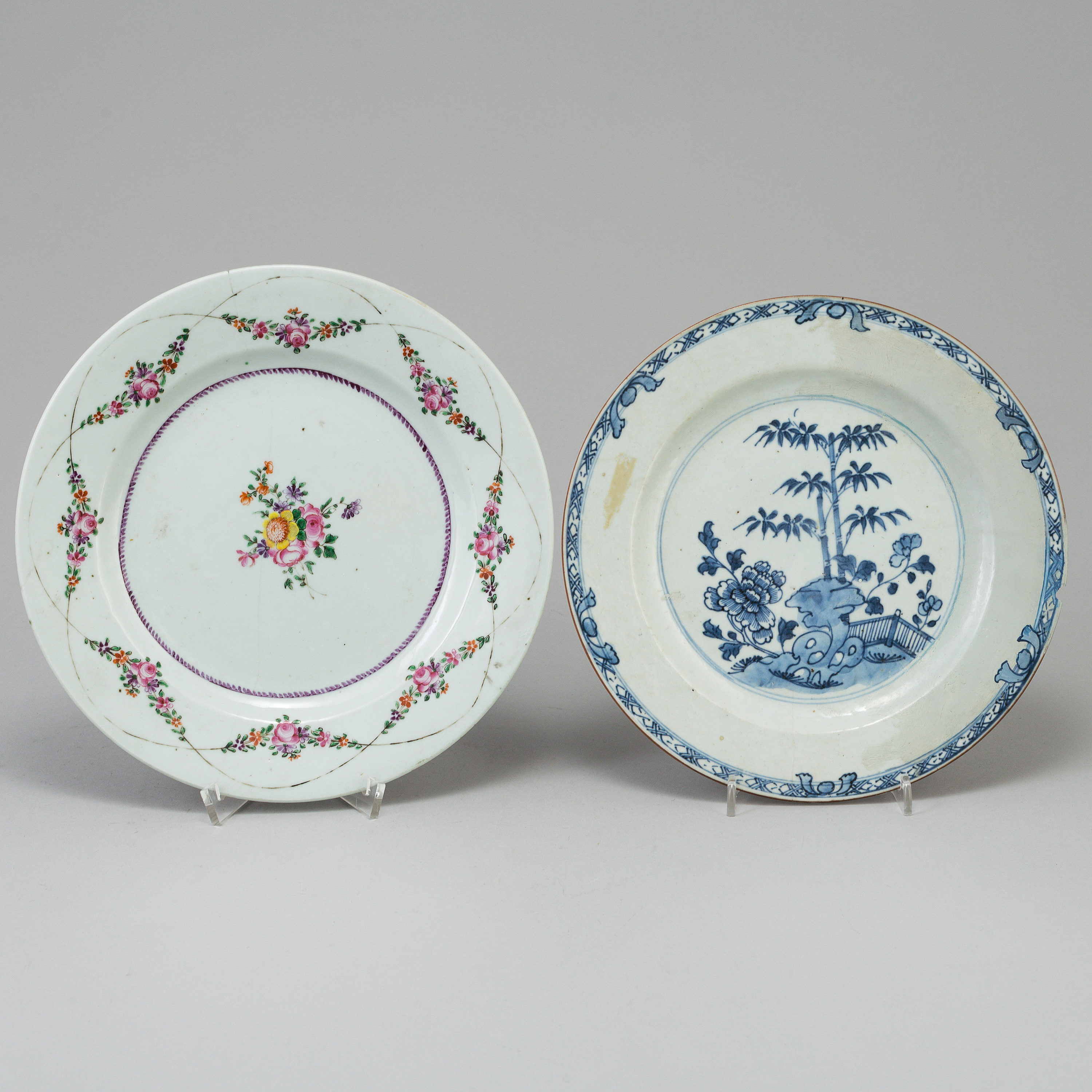 Six chinese 18th century plates in famille rose and blue and white ...