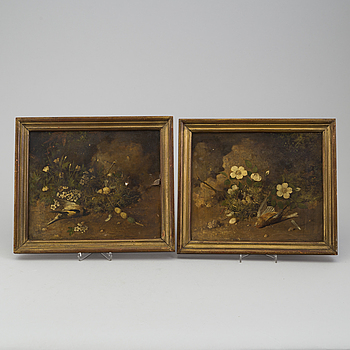 WILLIAM HENRY HUNT, his circle, a pair of bird nest paintings, oil on ...