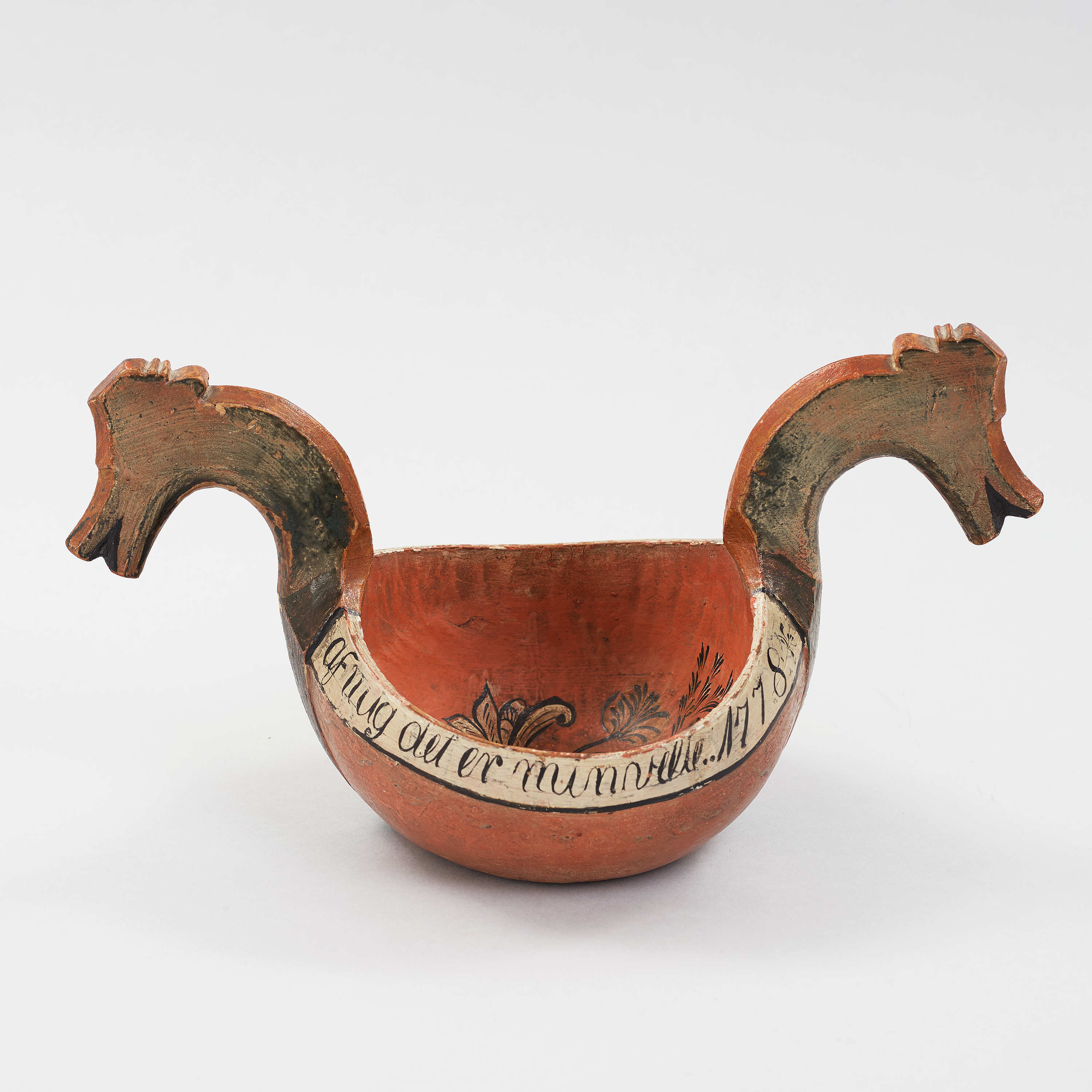 A Norwegian 18th century "Kjenge" painted carved wood ale cup bowl ...