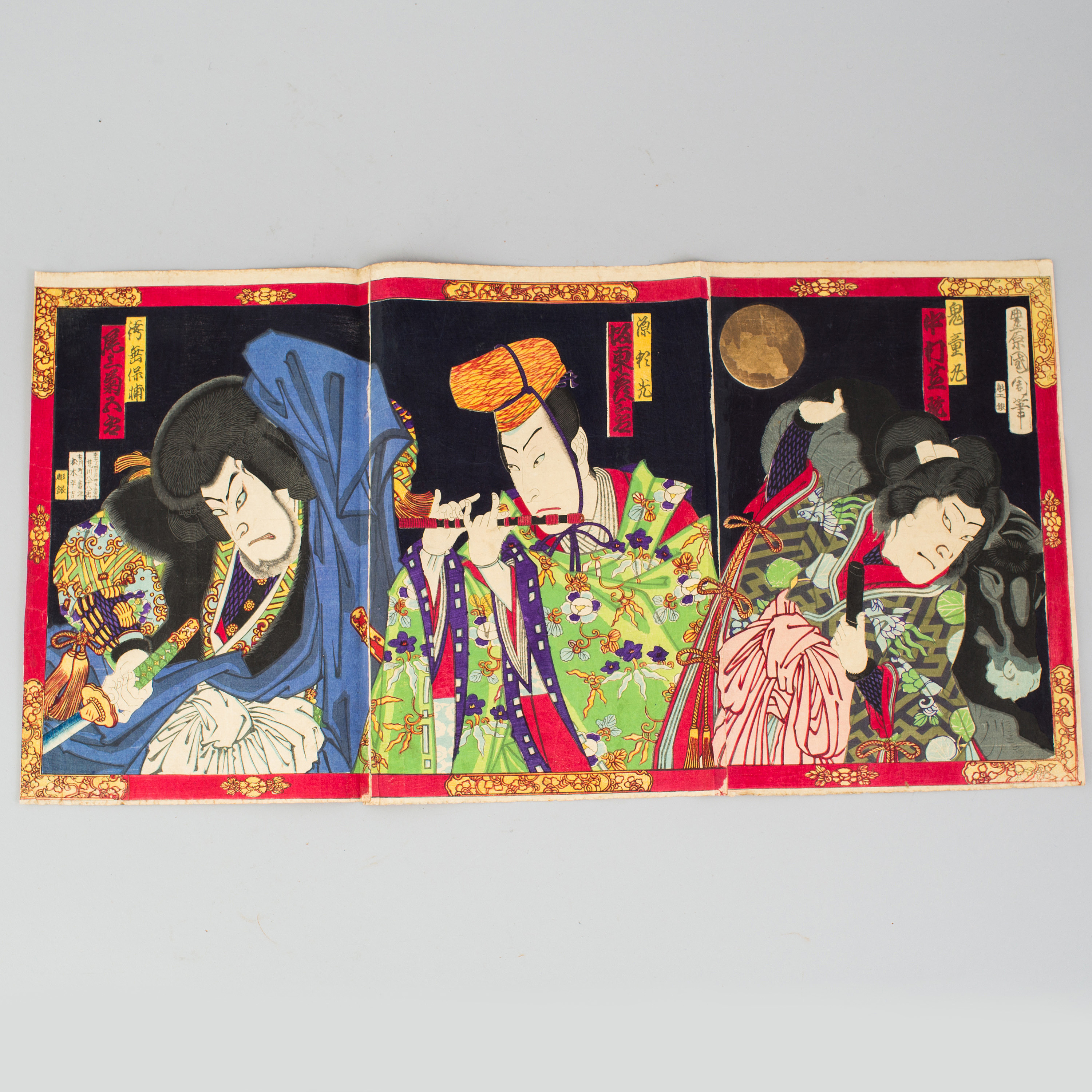 A Japanese woodblock print, triptych, by Toyohara Kunichika (1835–1900 ...