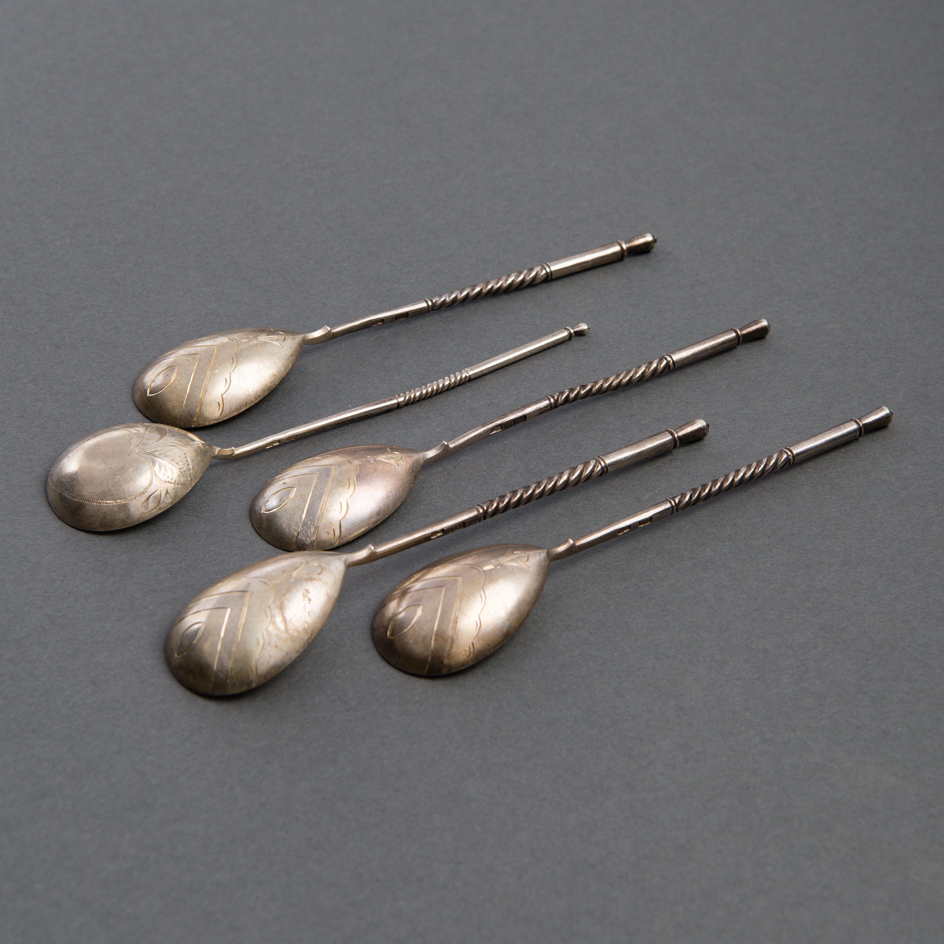 RUSSIAN SILVER TEA SPOONS, 1 pcs Ivan Vasilyevich Kozin, Kostroma and 4 ...